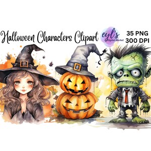 35 Watercolor Halloween Cute Cartoon Characters Clipart, Witch Ghost ...