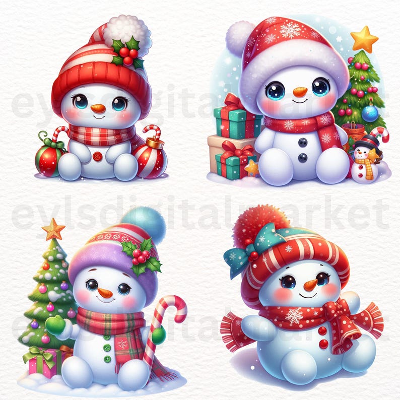 Christmas Snowman Clipart, 12 High Quality PNG Bundle, Cute Winter ...