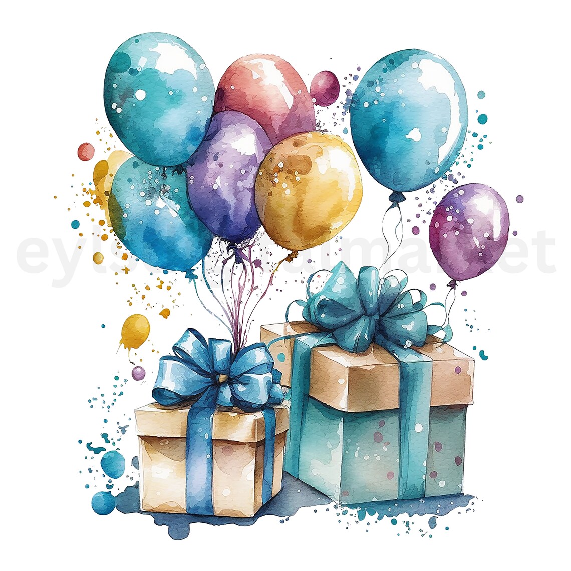Watercolor Blue Birthday Party Cake Present Balloons Clipart Bundle of ...