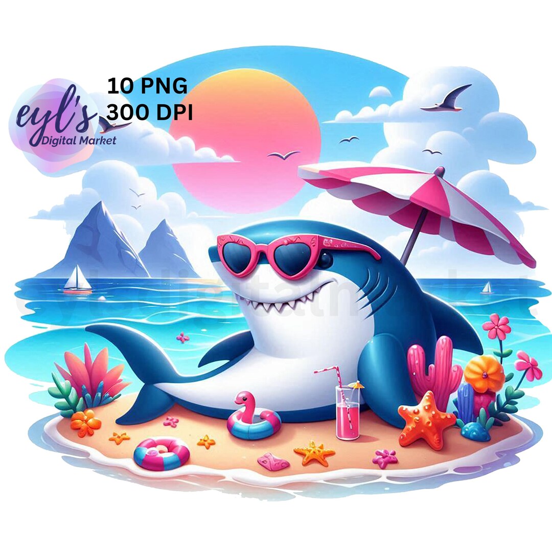 Shark on a Vacation Clipart, 10 High Quality PNG Bundle, Funny Animal ...