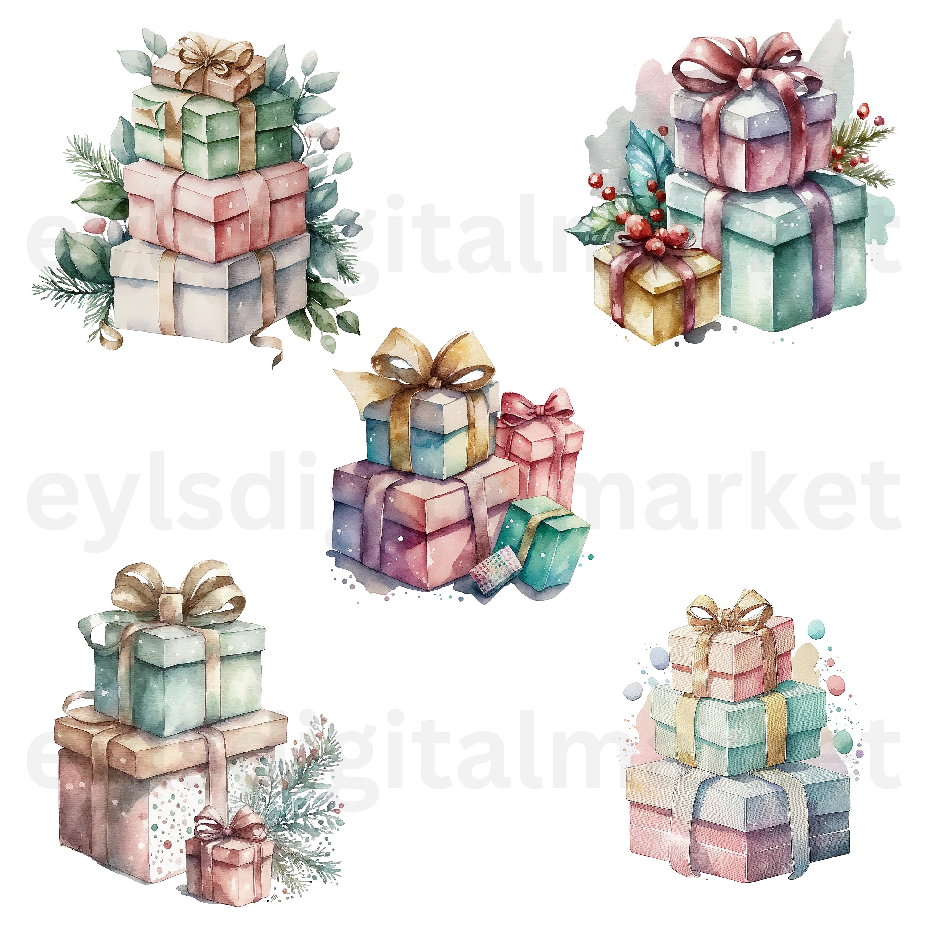 15 Watercolor Christmas Presents Clipart, Christmas Clipart, Winter ...