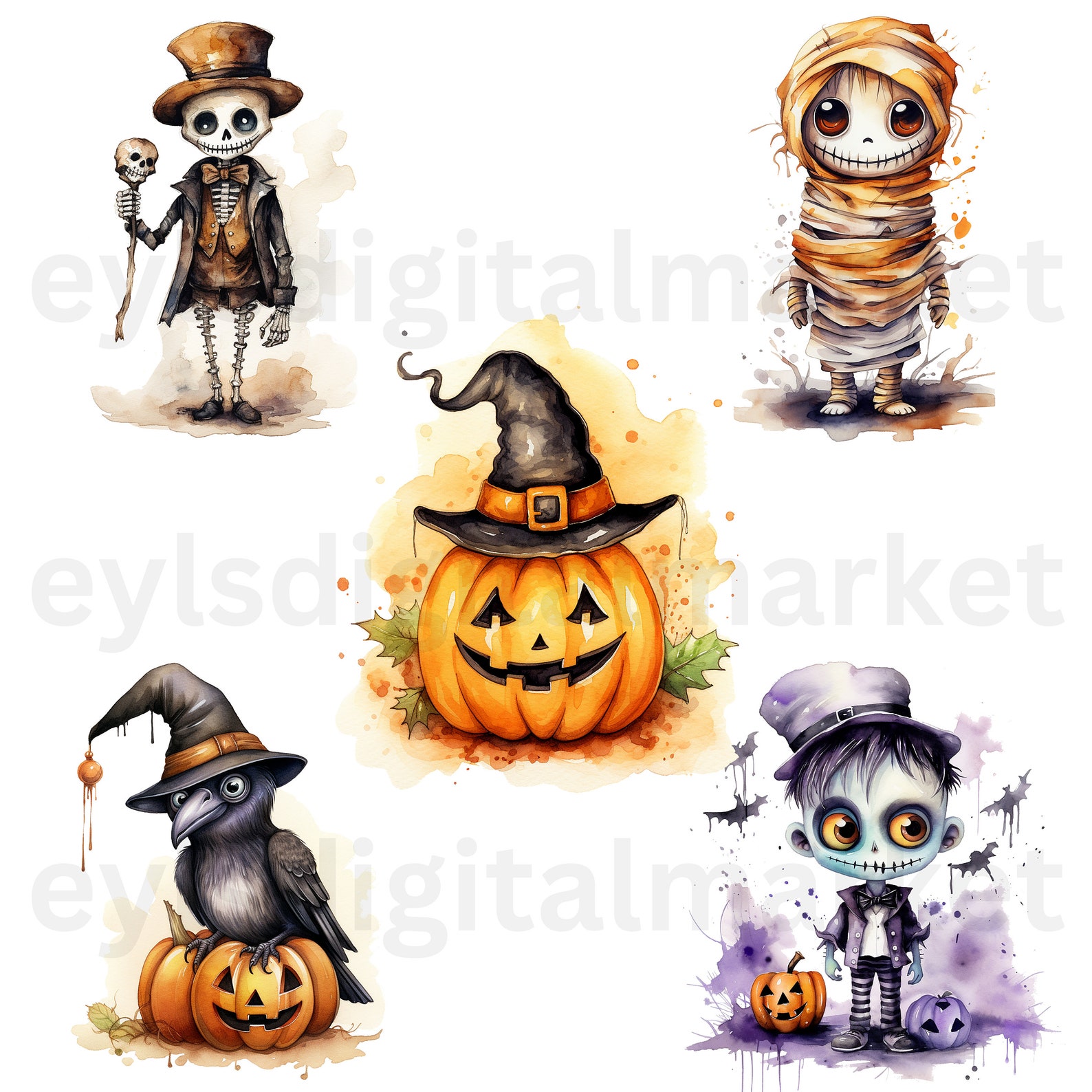 35 Watercolor Halloween Cute Cartoon Characters Clipart, Witch Ghost ...