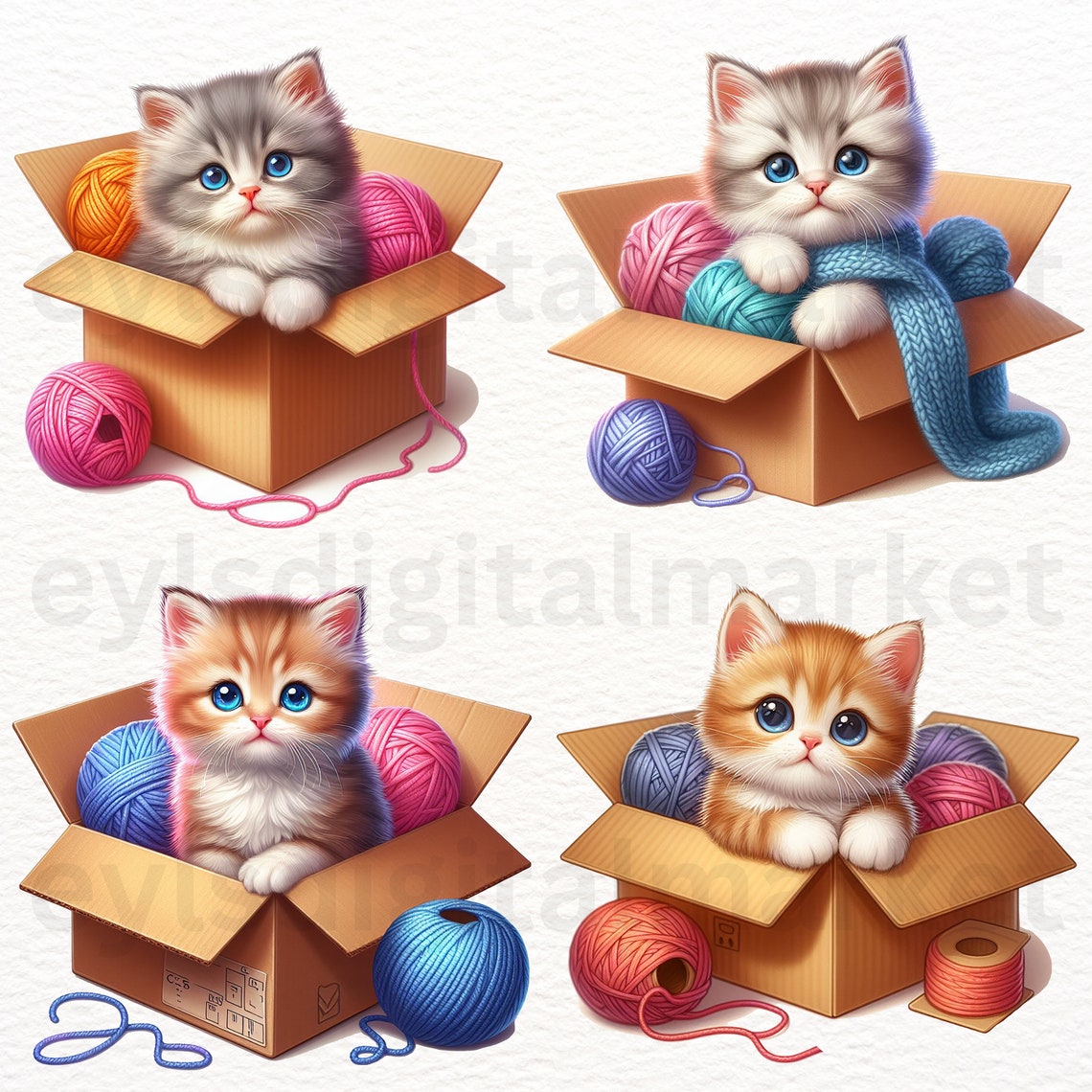 Kitten With Box Clipart, 12 High Quality PNG Bundle, Nursery Wall Art ...