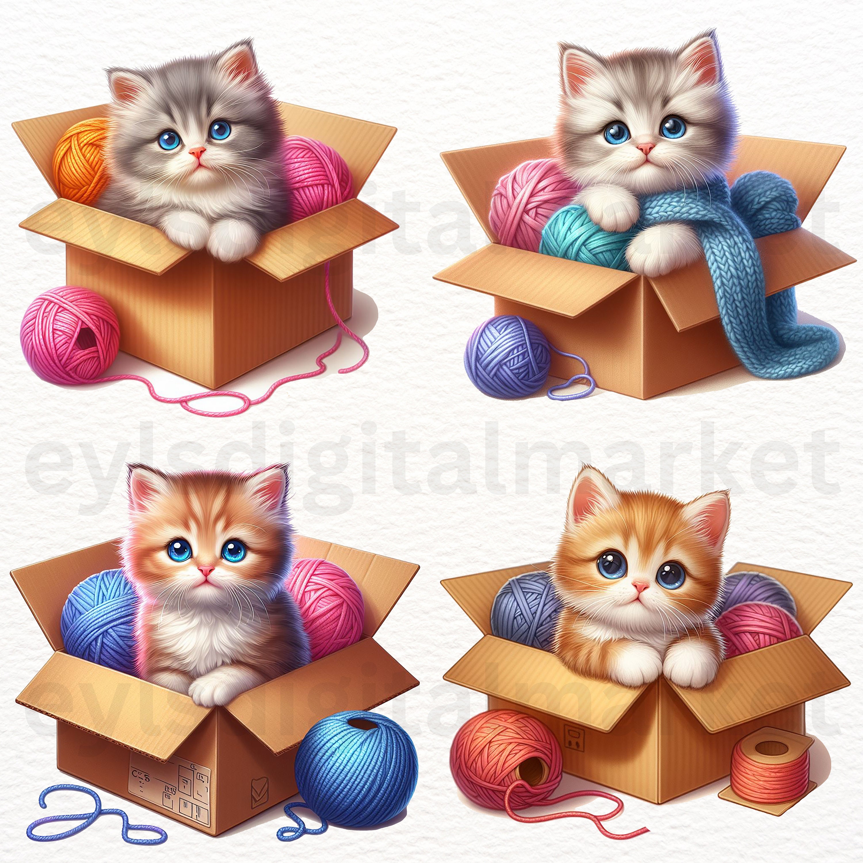 Kitten With Box Clipart, 12 High Quality PNG Bundle, Nursery Wall Art ...