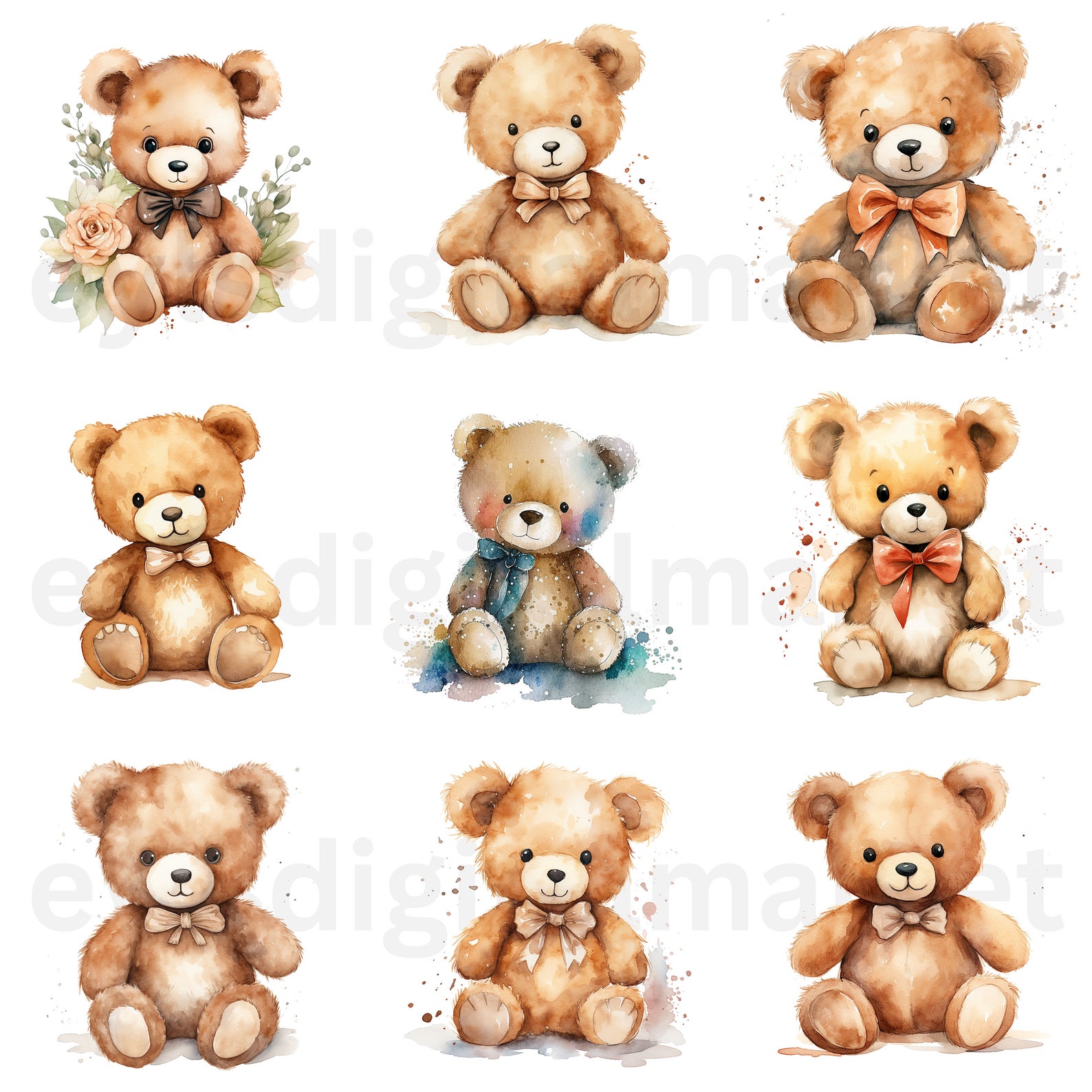 Watercolor Cute Teddy Bear Clipart, 20 High Quality PNG Bundle, Baby ...