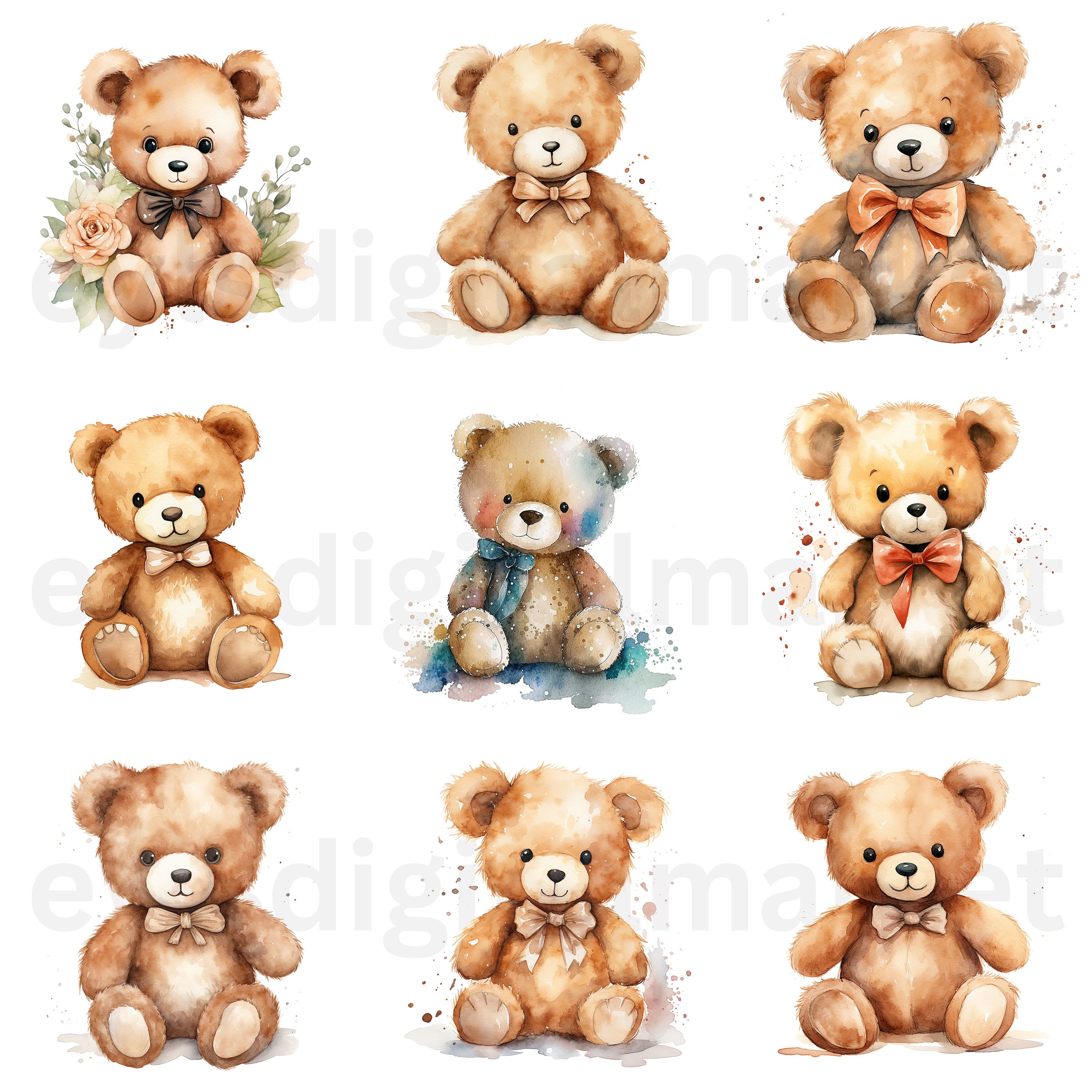 Watercolor Cute Teddy Bear Clipart, 20 High Quality PNG Bundle, Baby ...