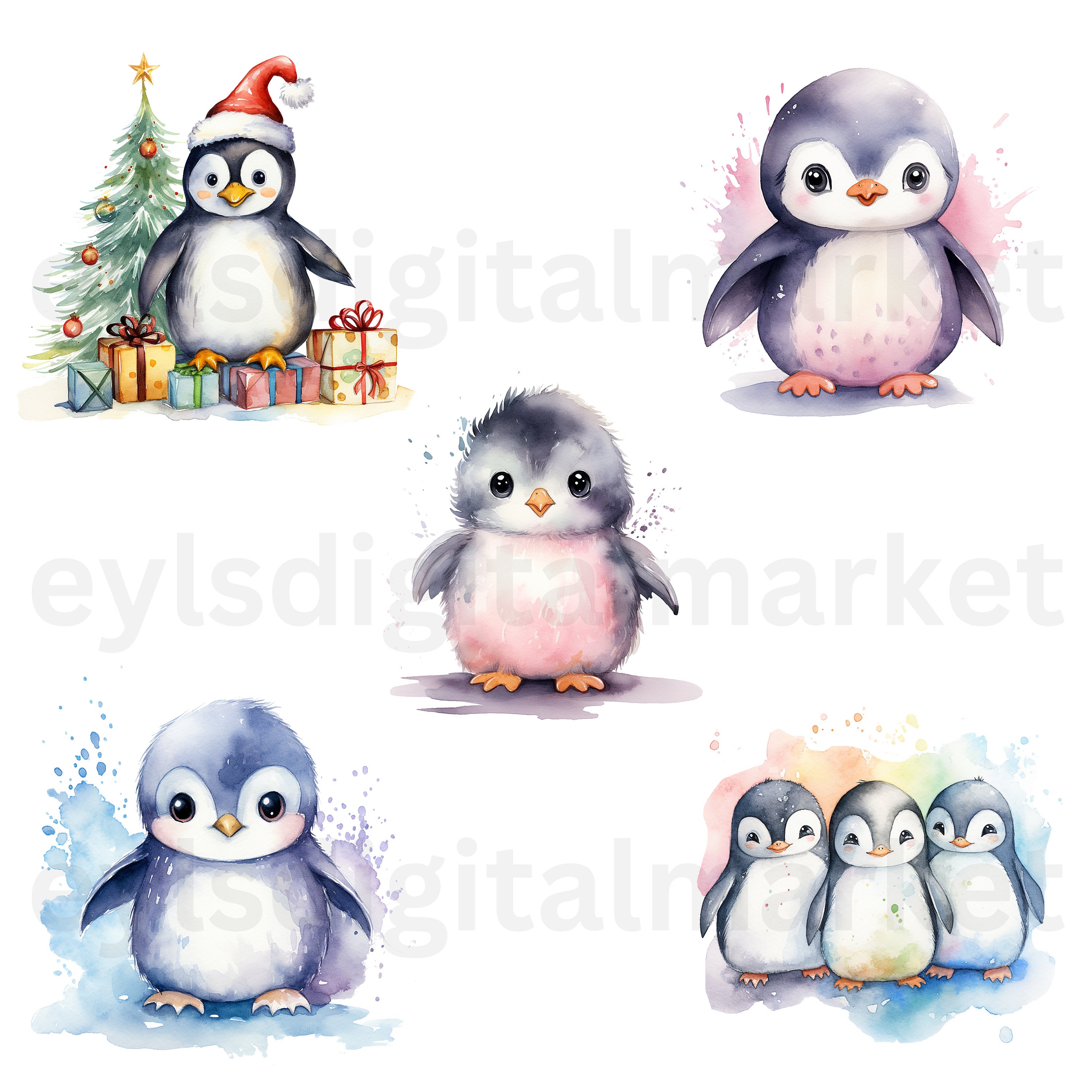 Watercolor Cute Penguin Clipart, 20 High Quality PNG Bundle, Christmas ...