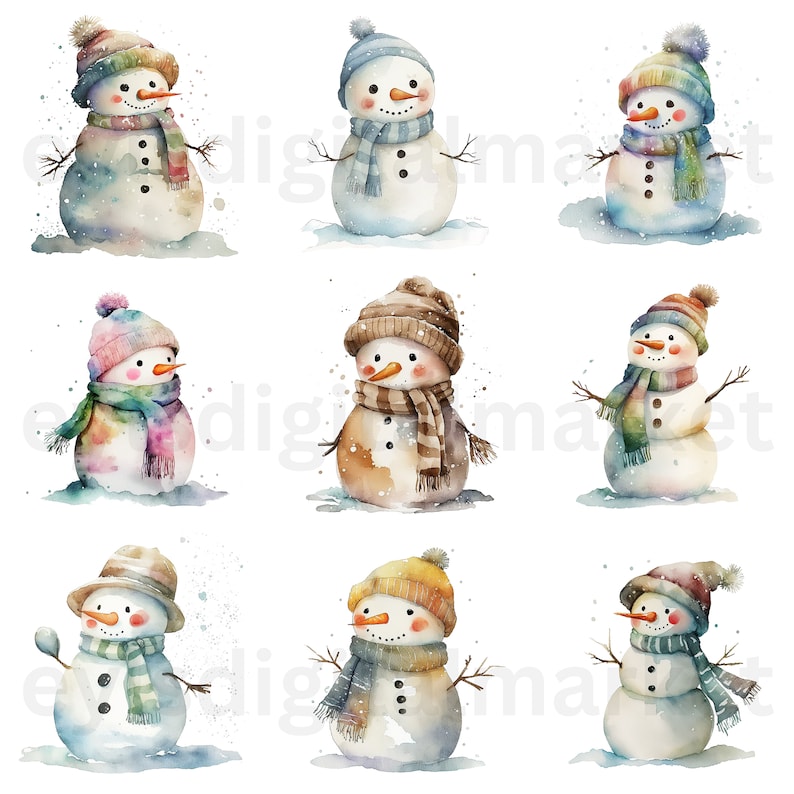 20 Watercolor Snowman Clipart, Christmas Clipart, Winter Holiday Pngs ...