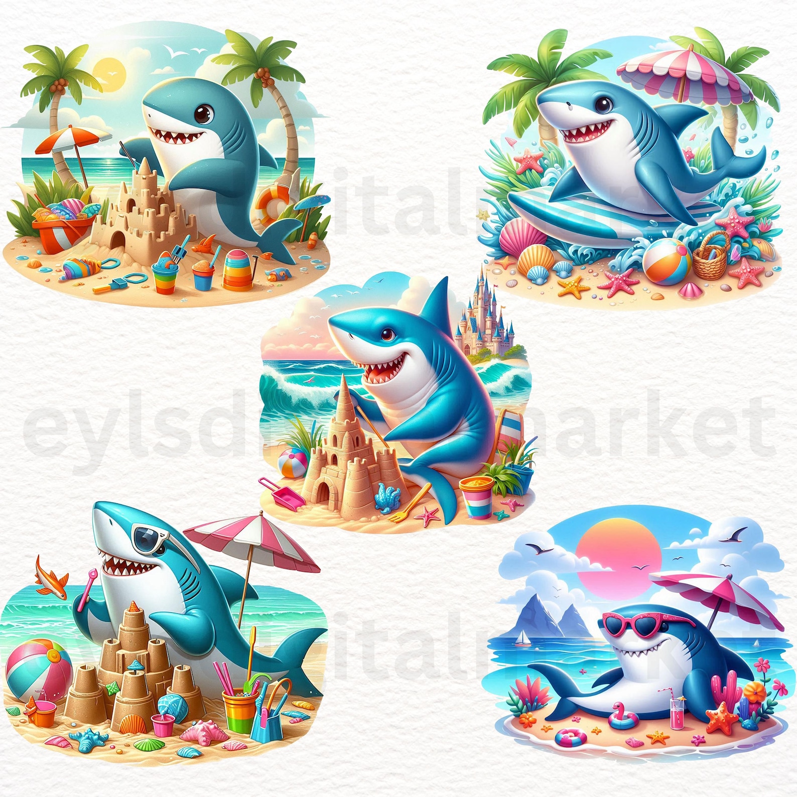Shark on a Vacation Clipart, 10 High Quality PNG Bundle, Funny Animal ...