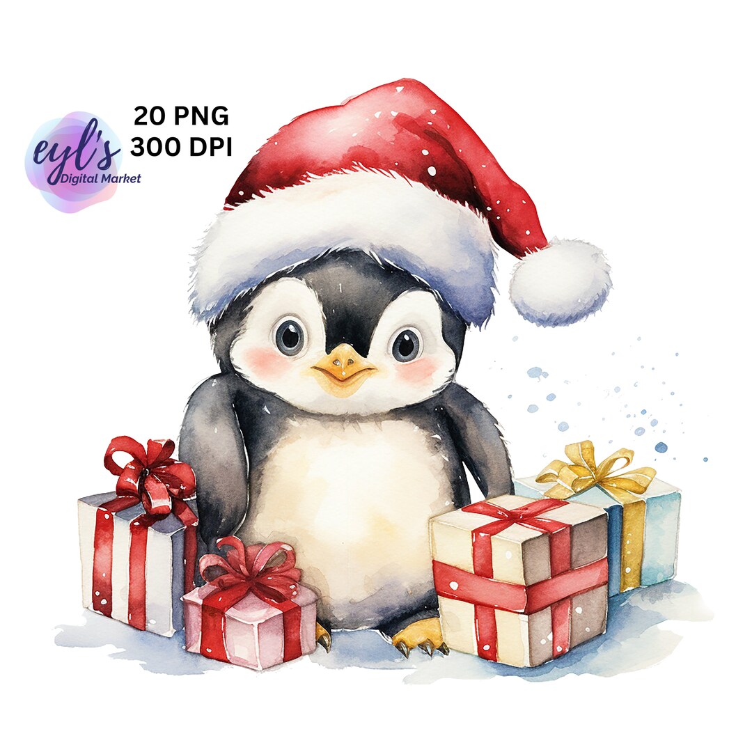 Watercolor Cute Penguin Clipart, 20 High Quality PNG Bundle, Christmas ...