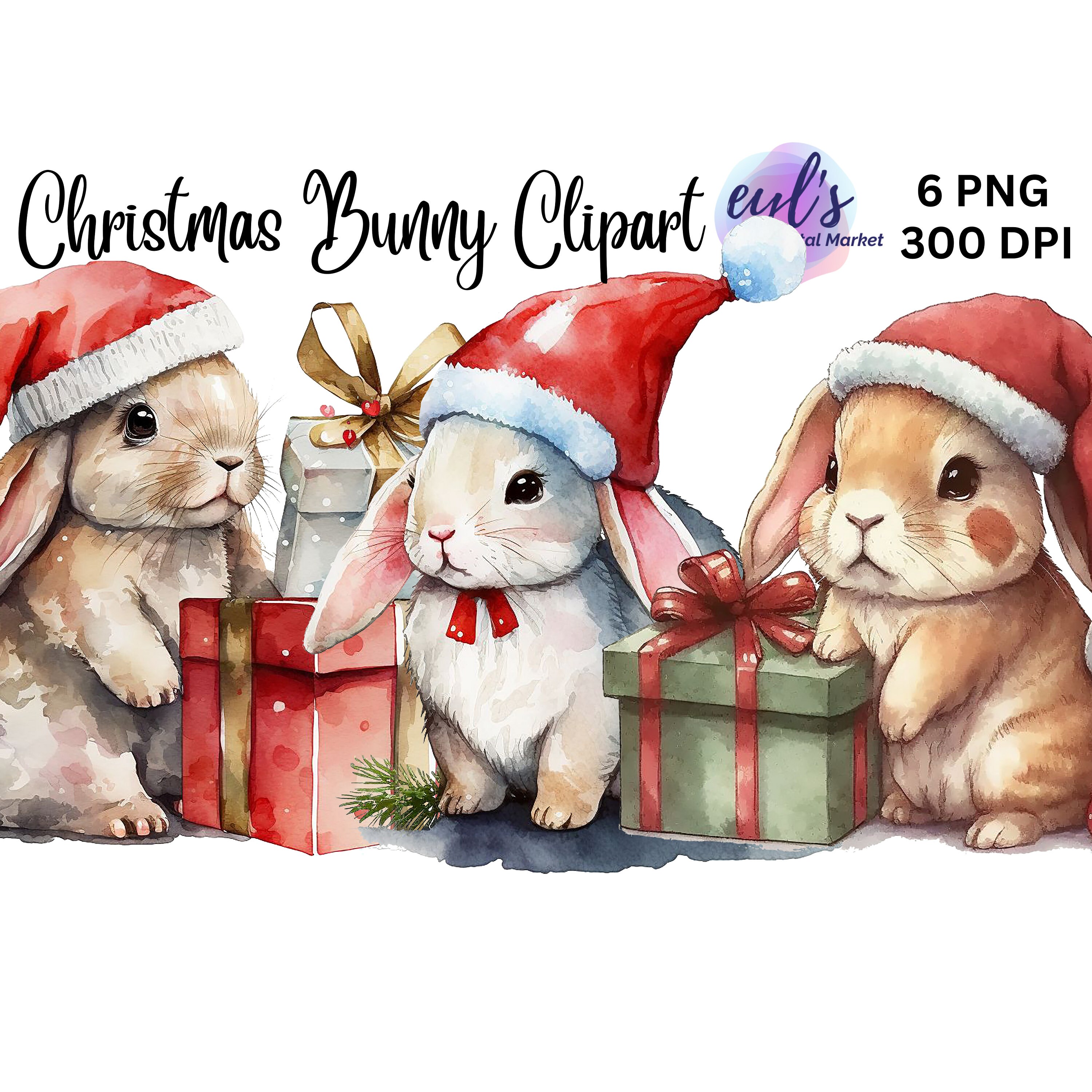 6 Watercolor Christmas Bunny Clipart, Cute Animal Clipart, Winter ...