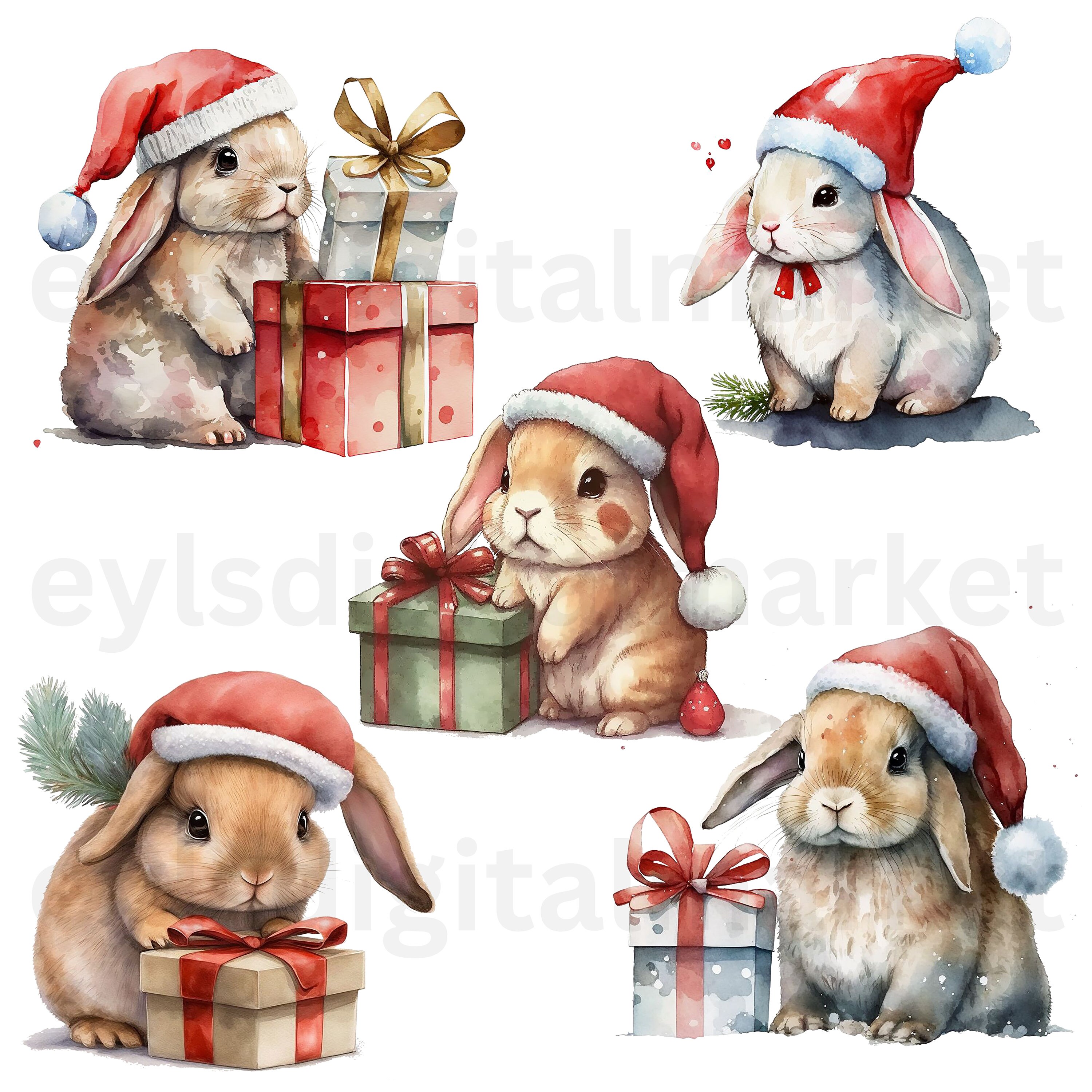 6 Watercolor Christmas Bunny Clipart, Cute Animal Clipart, Winter ...