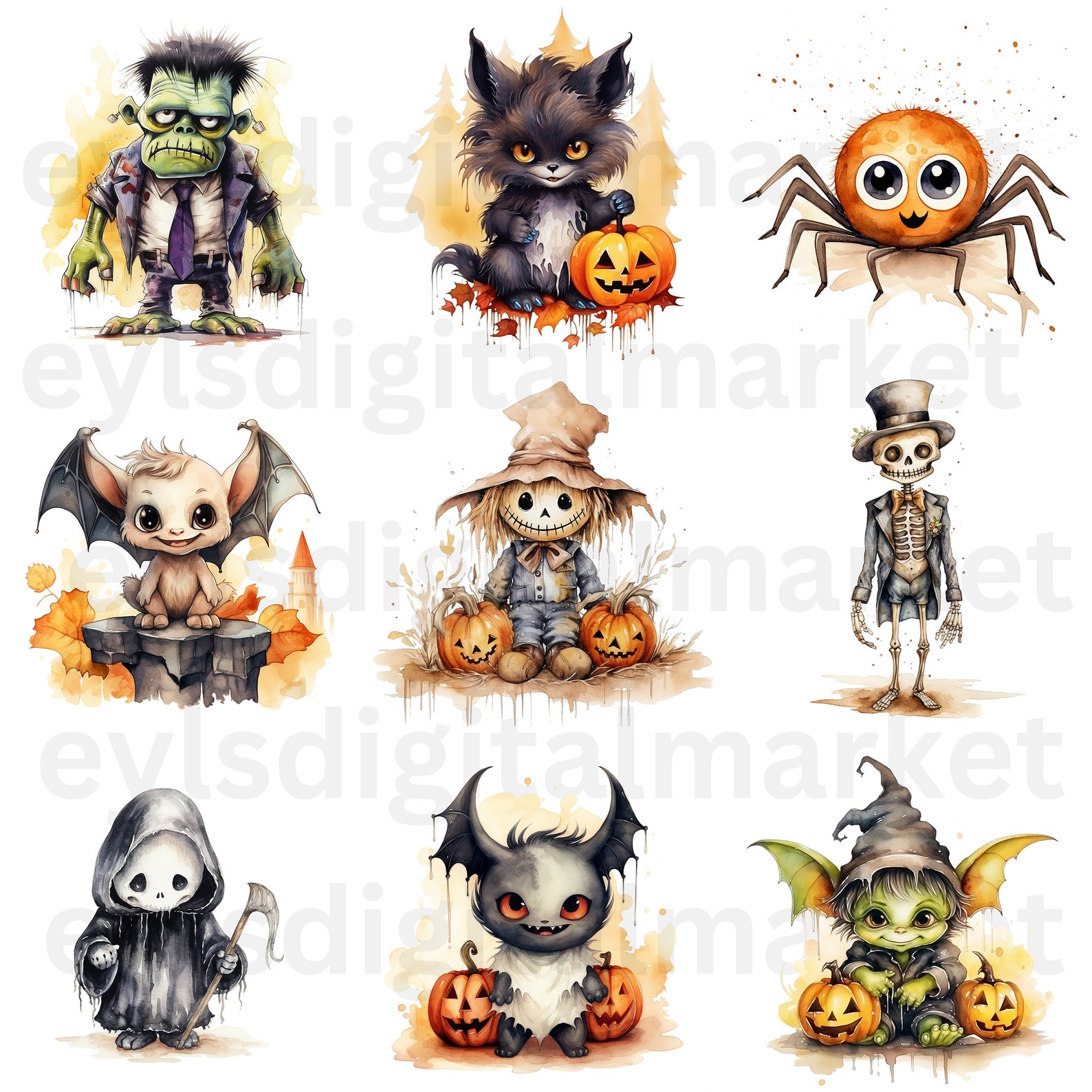 35 Watercolor Halloween Cute Cartoon Characters Clipart, Witch Ghost ...