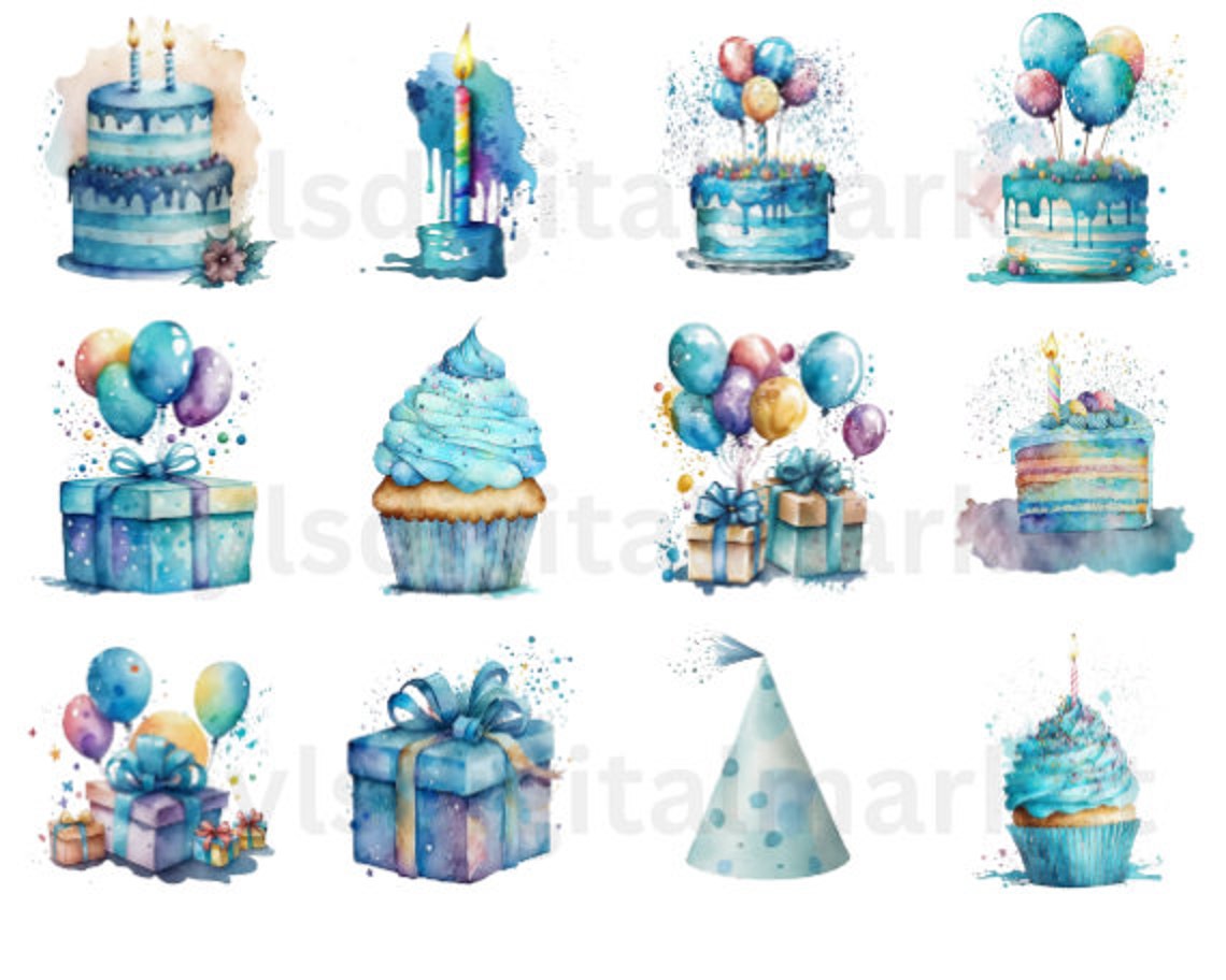 Watercolor Blue Birthday Party Cake Present Balloons Clipart - Etsy
