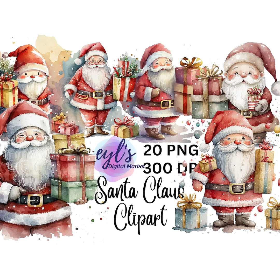 20 Watercolor Santa Claus Clipart, Christmas Clipart, PNG, Commercial ...