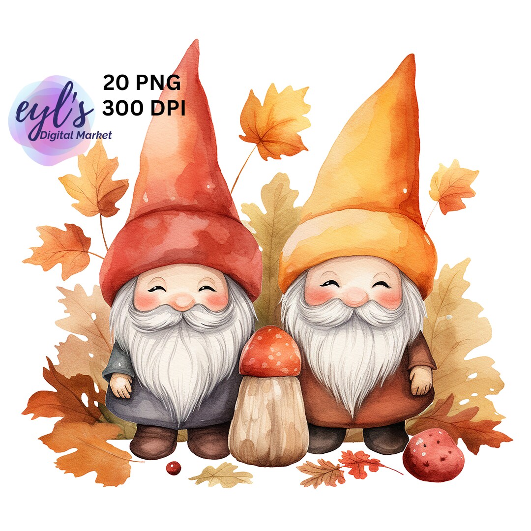 Watercolor Cute Autumn Gnome Clipart, 20 High Quality PNG Bundle, Fall ...