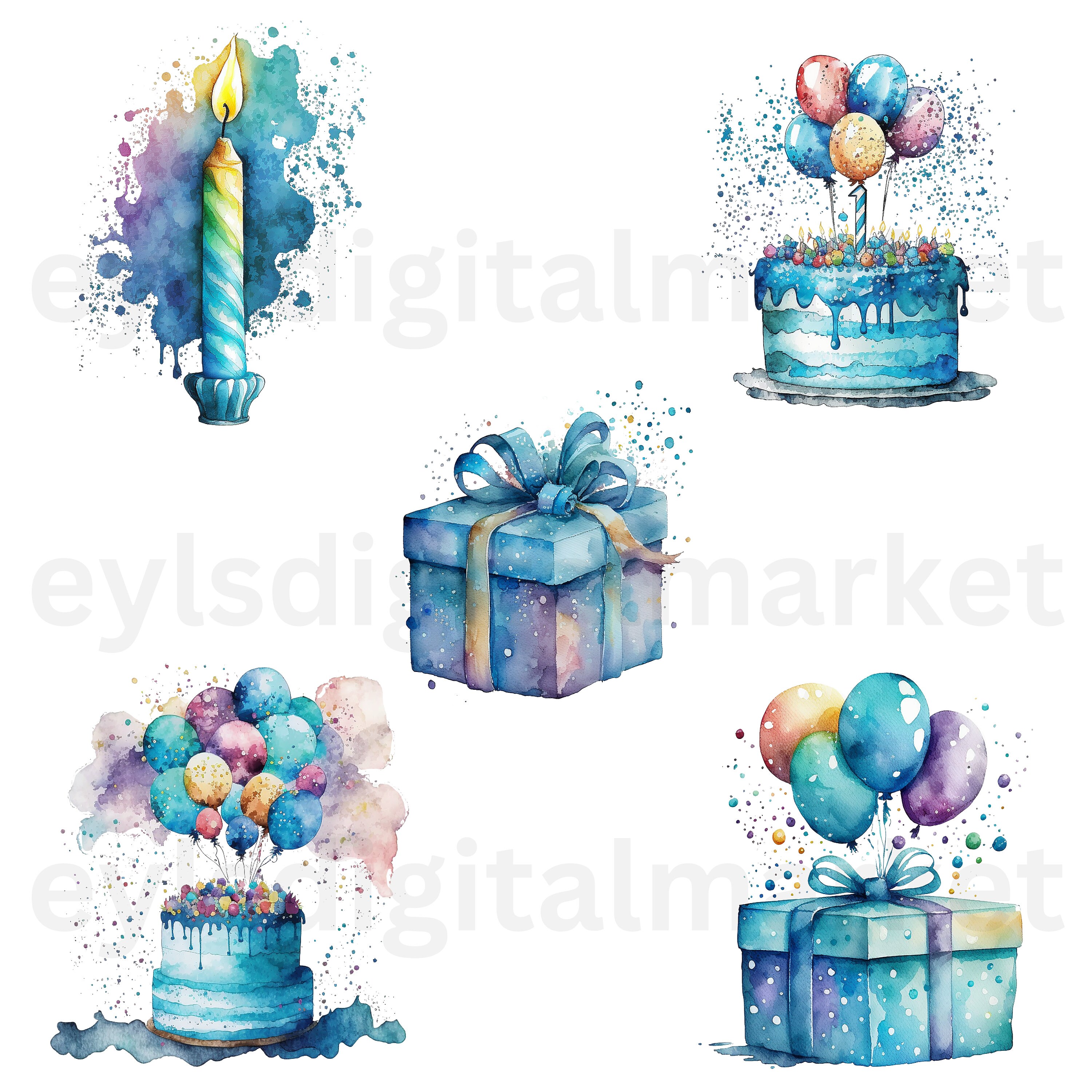 Watercolor Blue Birthday Party Cake Present Balloons Clipart Bundle of ...