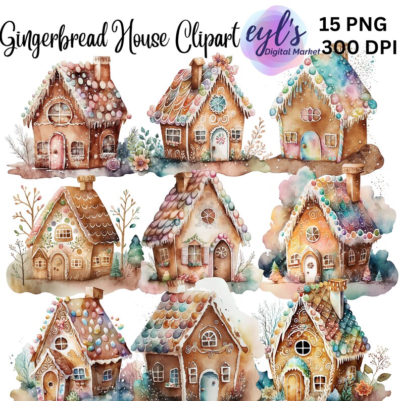15 Watercolor Gingerbread House Clipart, Christmas Clipart, Winter ...