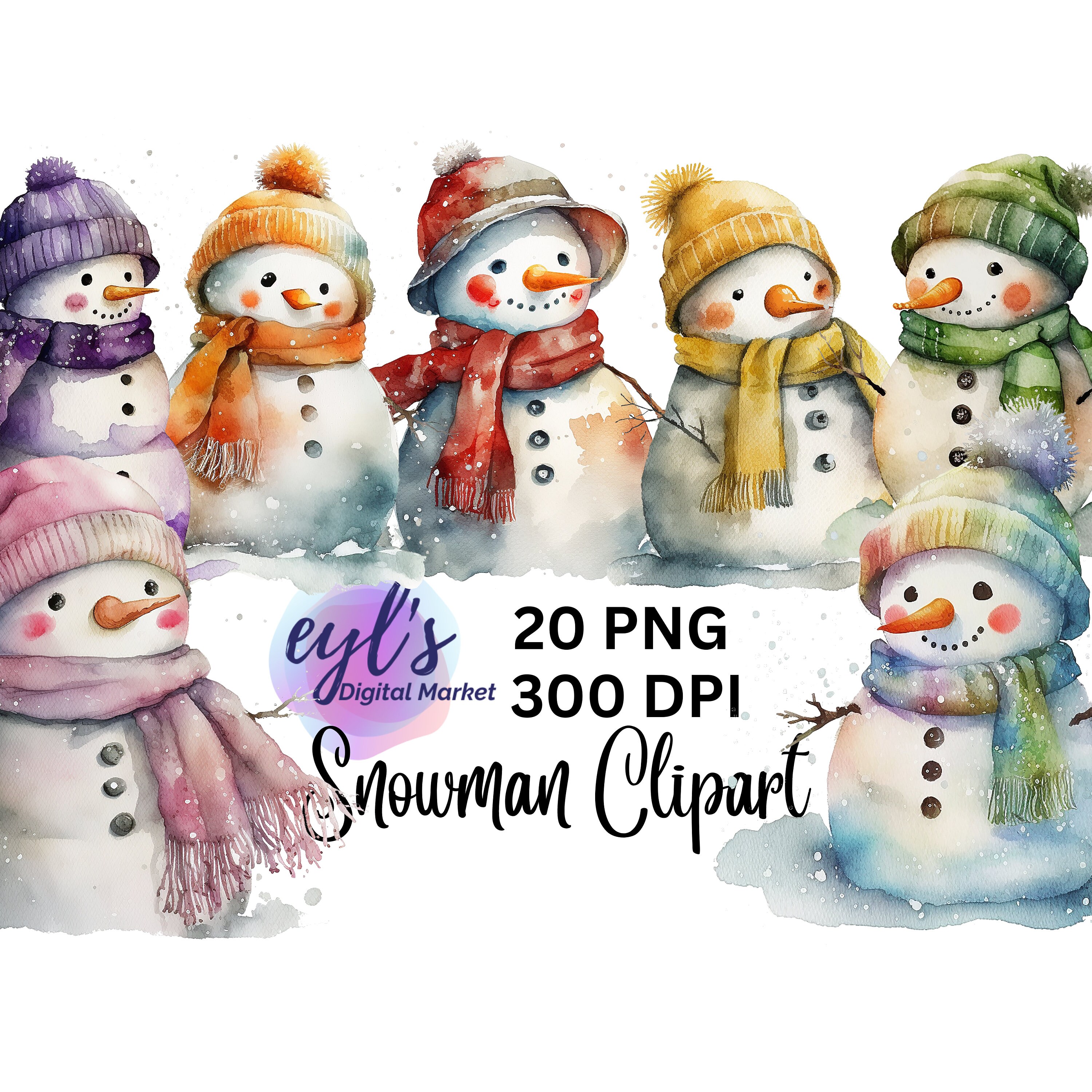 20 Watercolor Snowman Clipart, Christmas Clipart, Winter Holiday Pngs ...