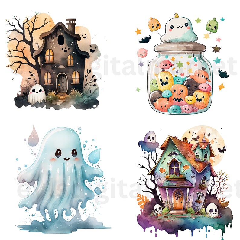25 Watercolor Halloween Cute Clipart, Vampire Bat Witch Pumpkin Clipart ...