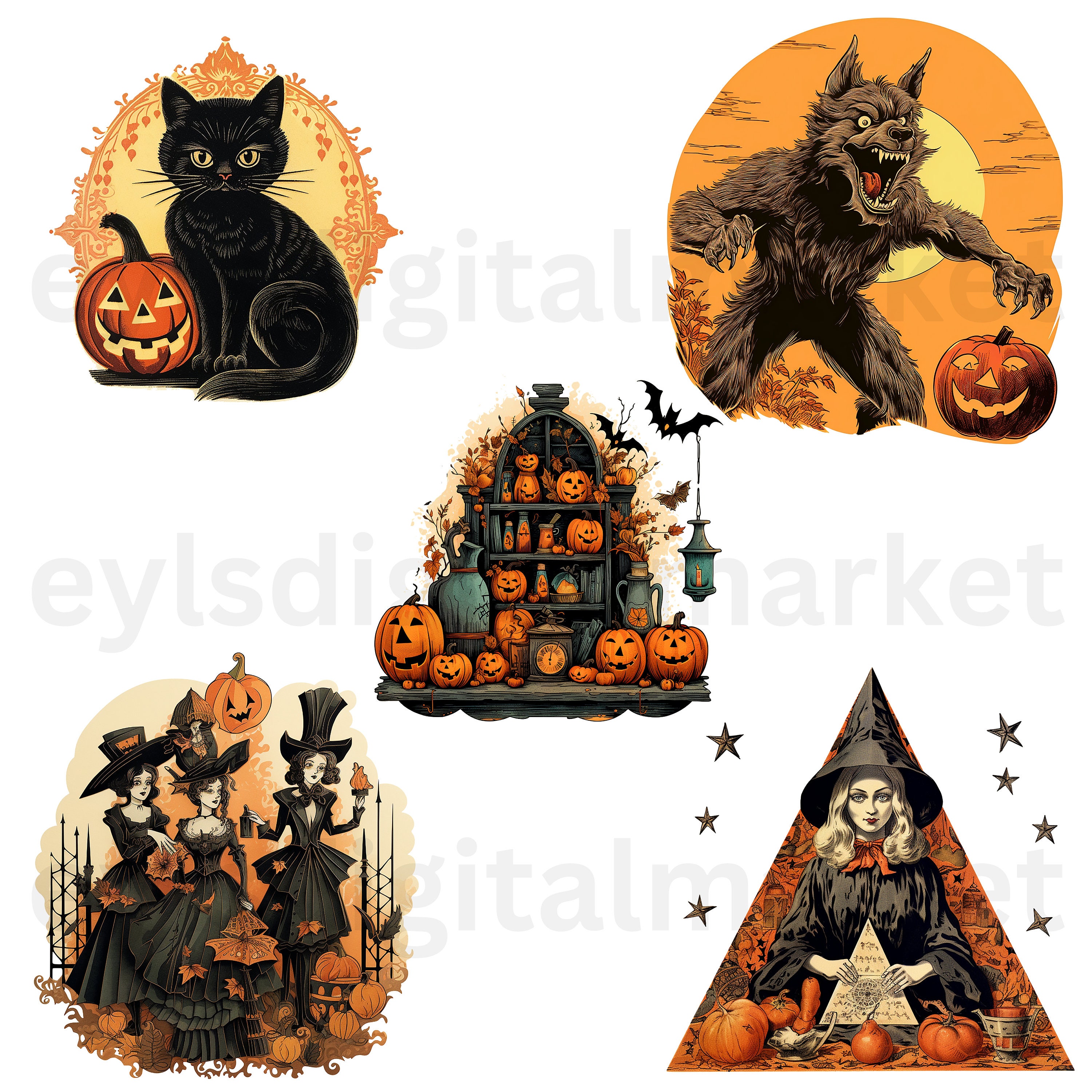 30 Vintage Halloween Clipart, 50s PNG Bundle, Witch Ghost Pumpkin Retro ...