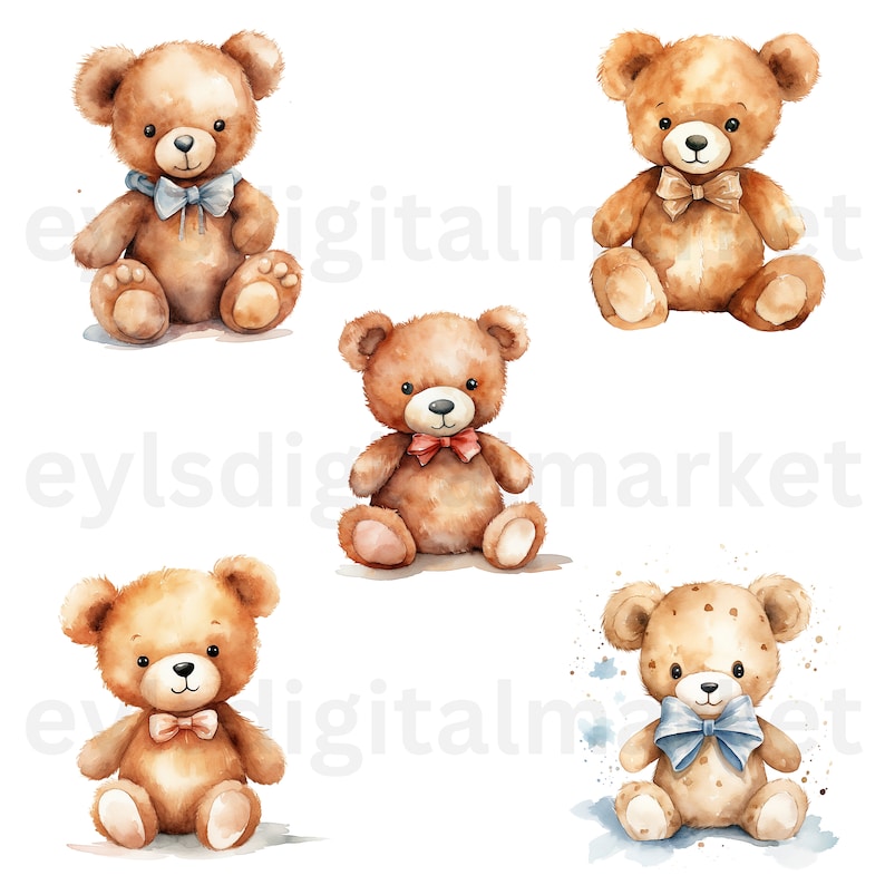 Watercolor Cute Teddy Bear Clipart, 20 High Quality PNG Bundle, Baby ...