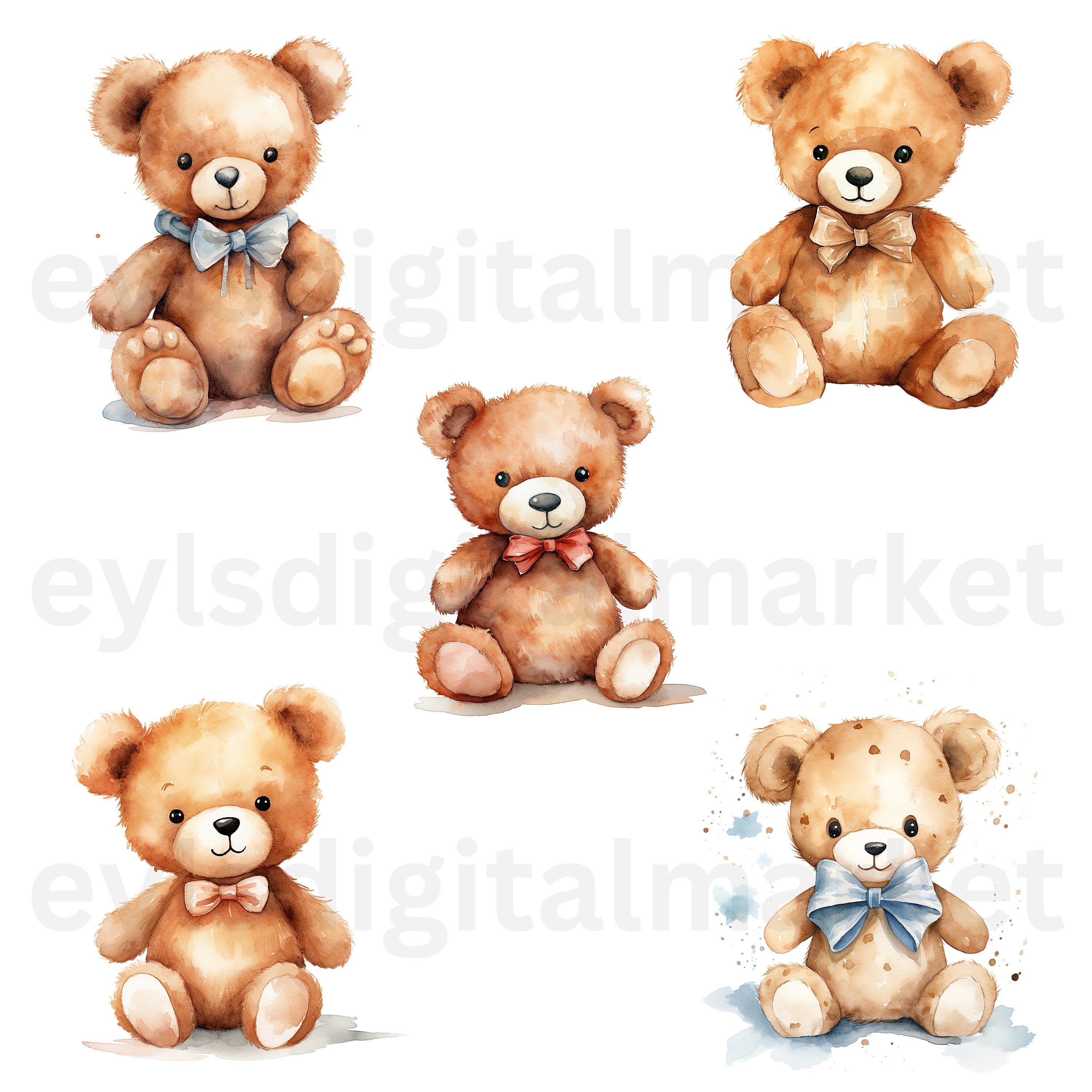 Watercolor Cute Teddy Bear Clipart, 20 High Quality PNG Bundle, Baby ...