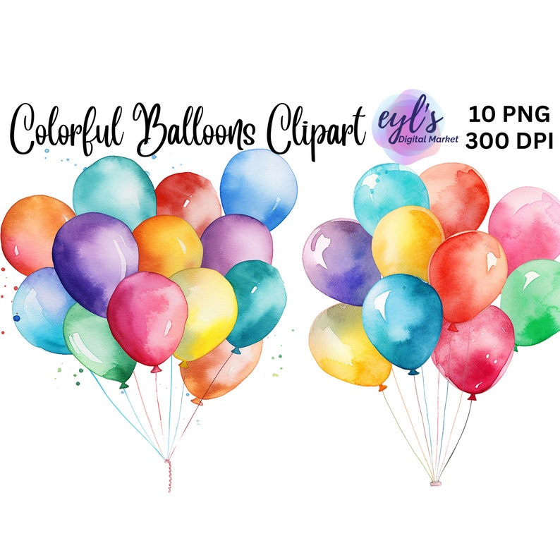 10 Watercolor Balloons Clipart, Party Birthday PNG, Colorful Clip Art ...