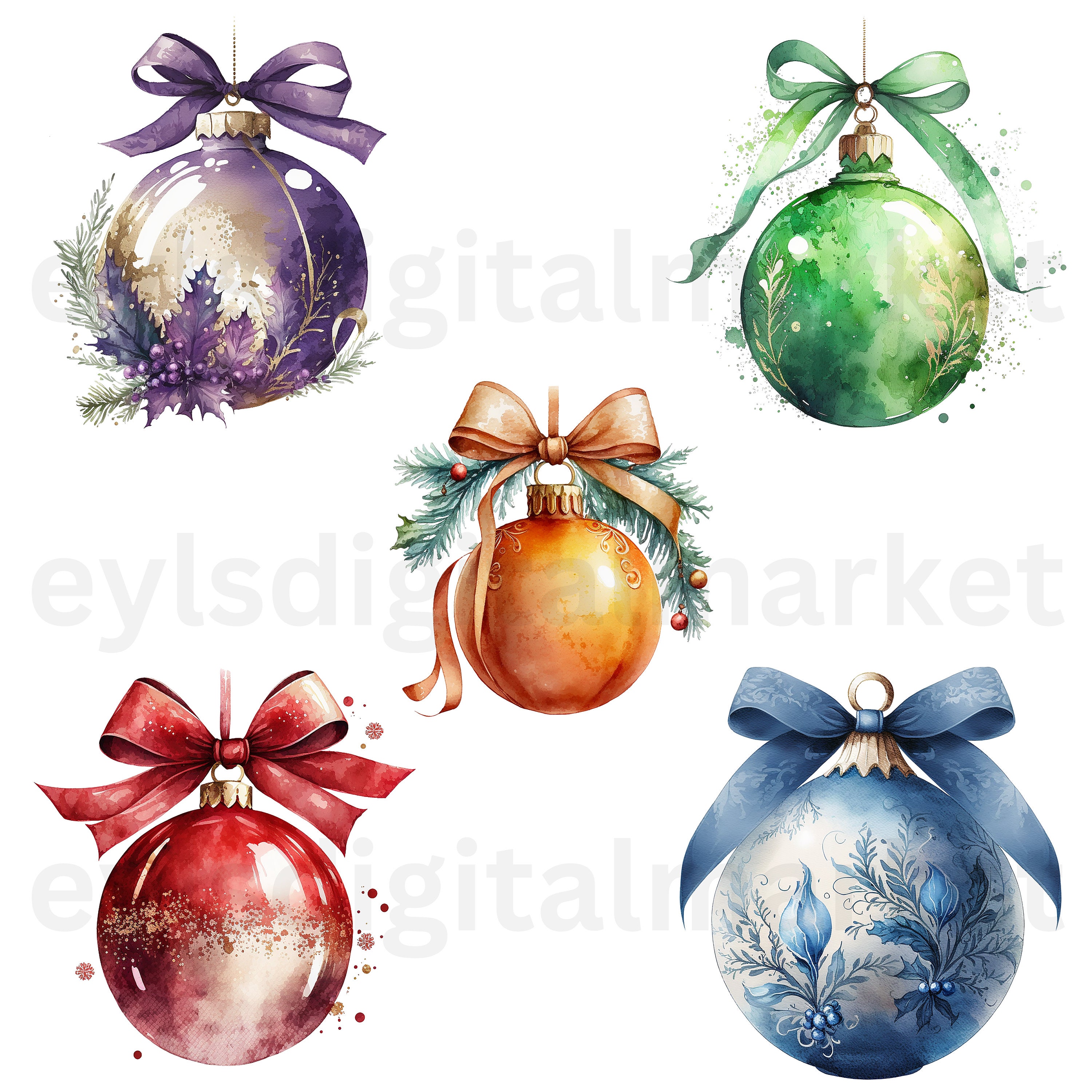15 Watercolor Christmas Ornament Clipart, Christmas Clipart, Winter ...