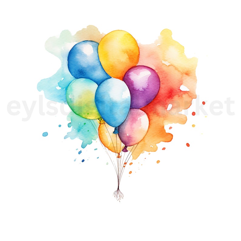 10 Watercolor Balloons Clipart, Party Birthday PNG, Colorful Clip Art ...