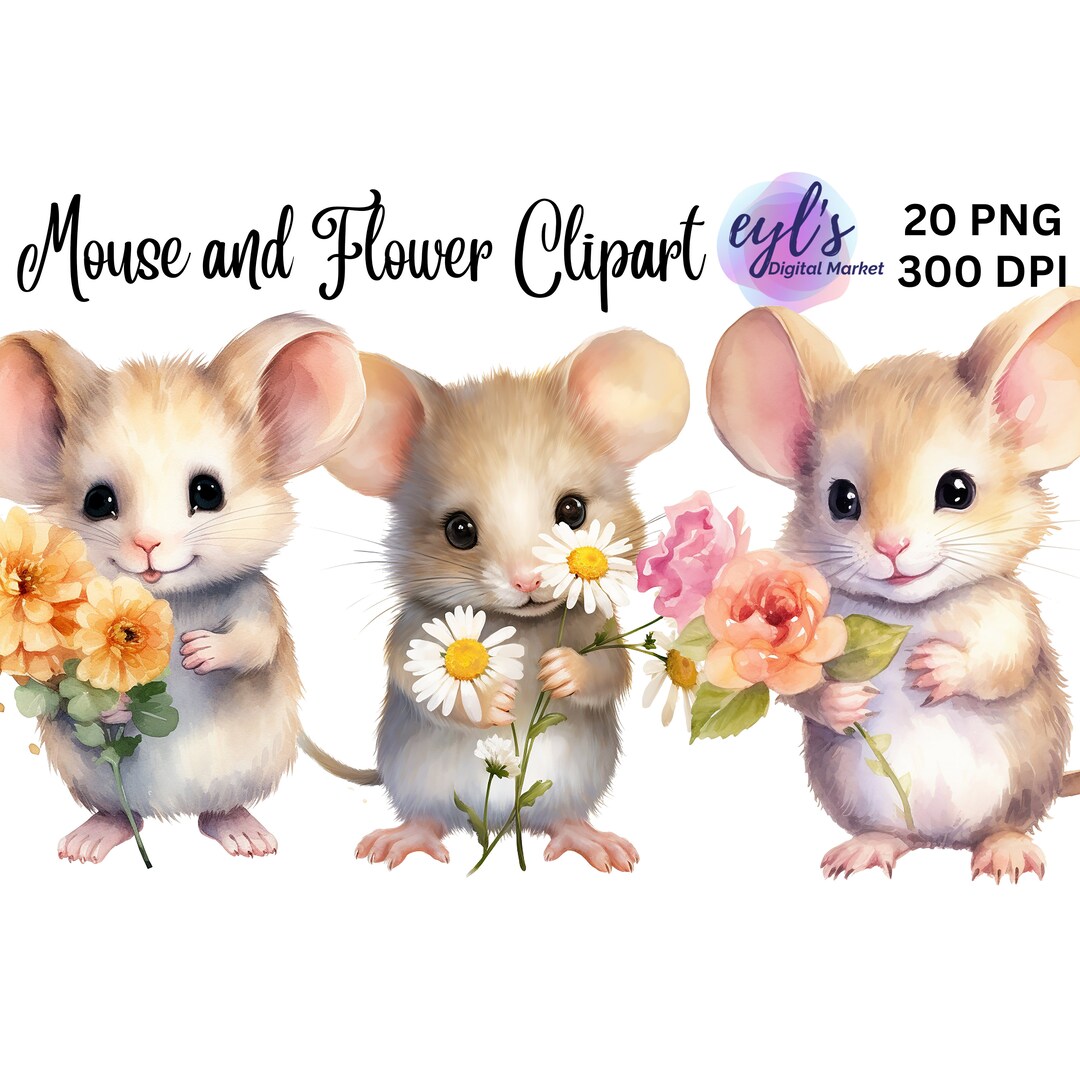 20 Watercolor Mouse and Flower Clipart, Cute Animal PNG, Card Making ...