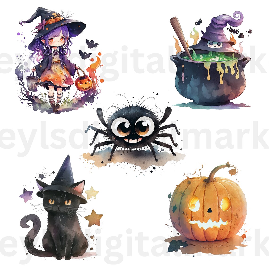 25 Watercolor Halloween Cute Clipart, Vampire Bat Witch Pumpkin Clipart ...