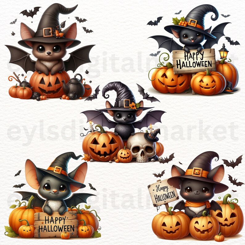 Happy Halloween Bat Clipart, 15 High Quality PNG Bundle, Vintage ...