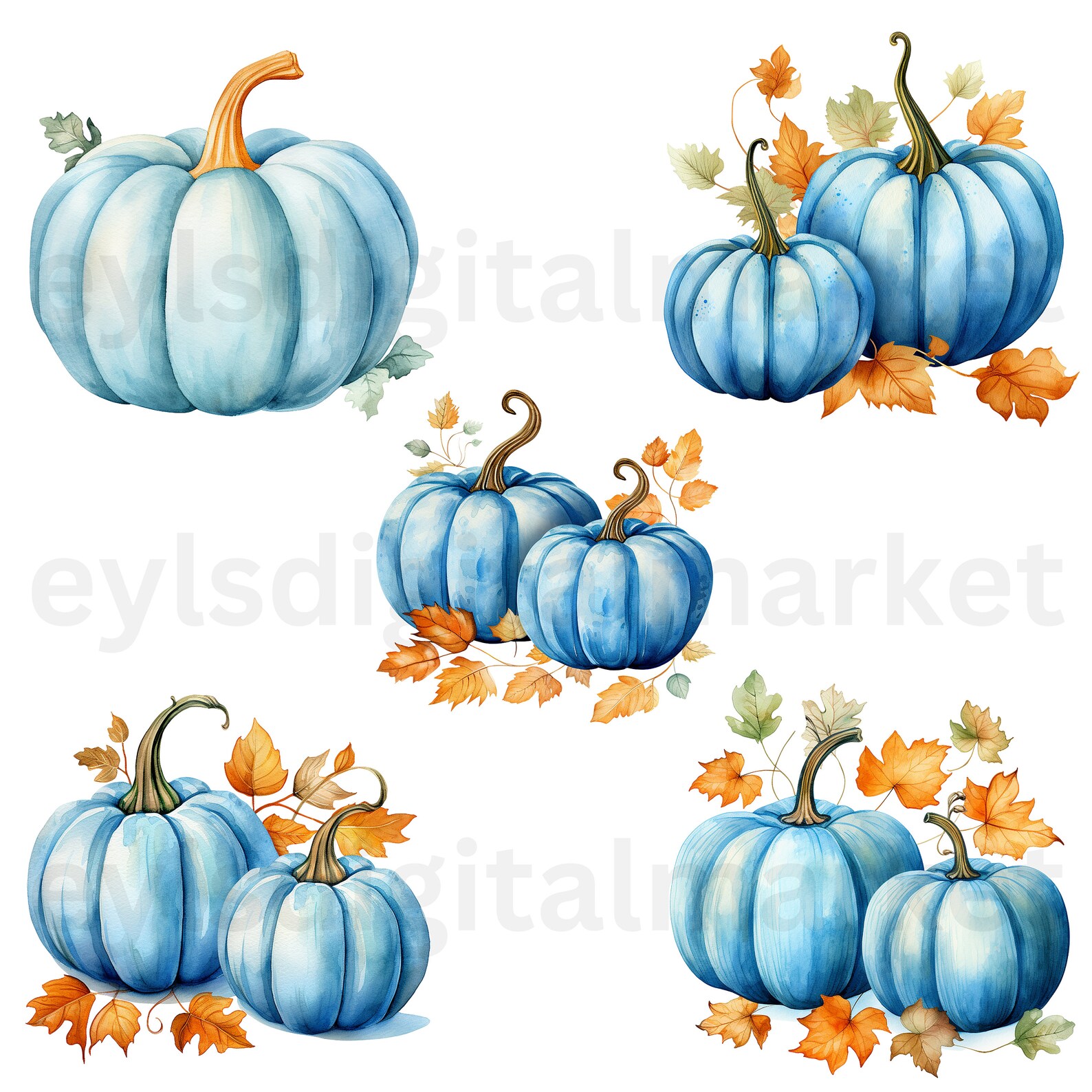 Watercolor Pastel Blue Pumpkin Clipart, 15 High Quality PNG Bundle ...