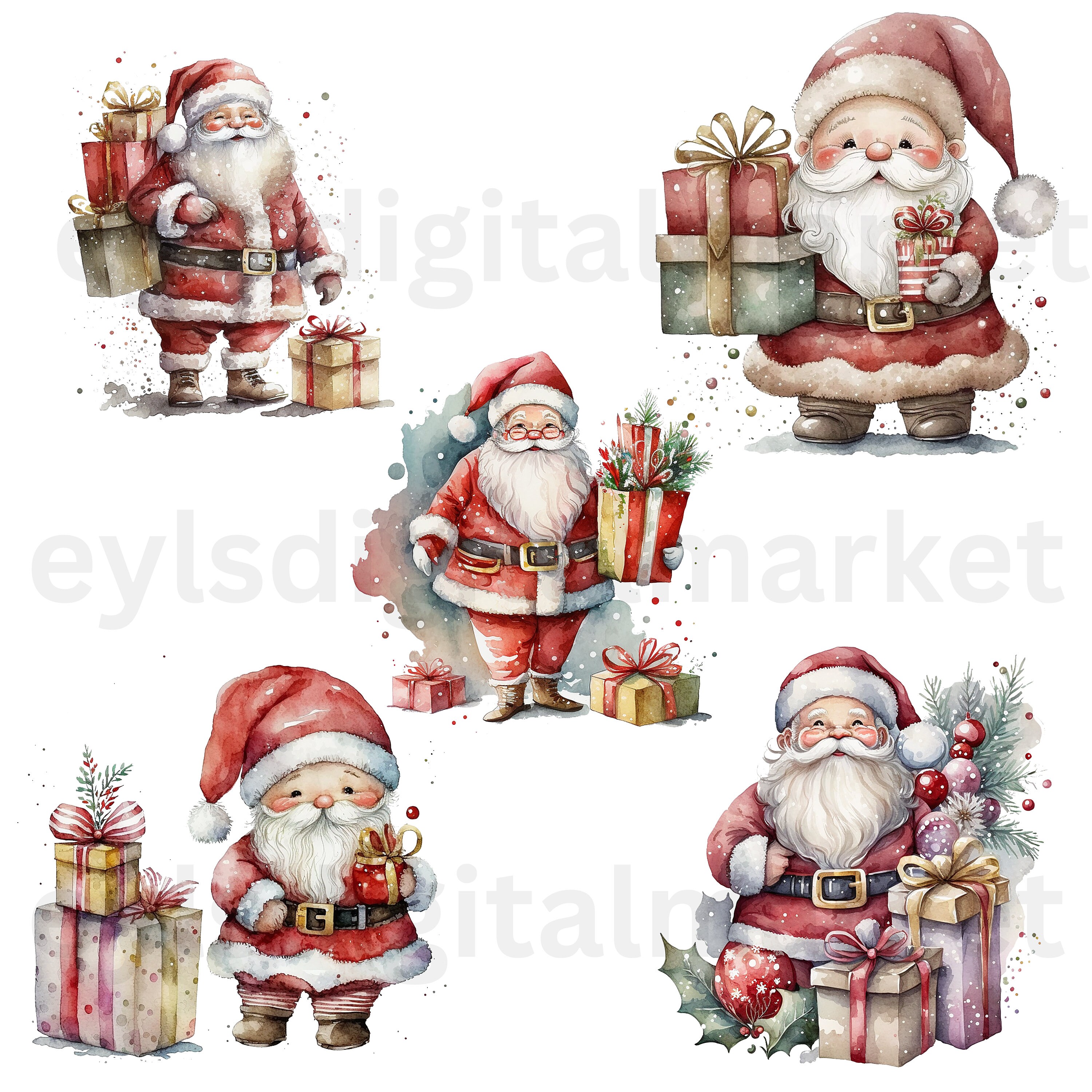 20 Watercolor Santa Claus Clipart, Christmas Clipart, PNG, Commercial ...