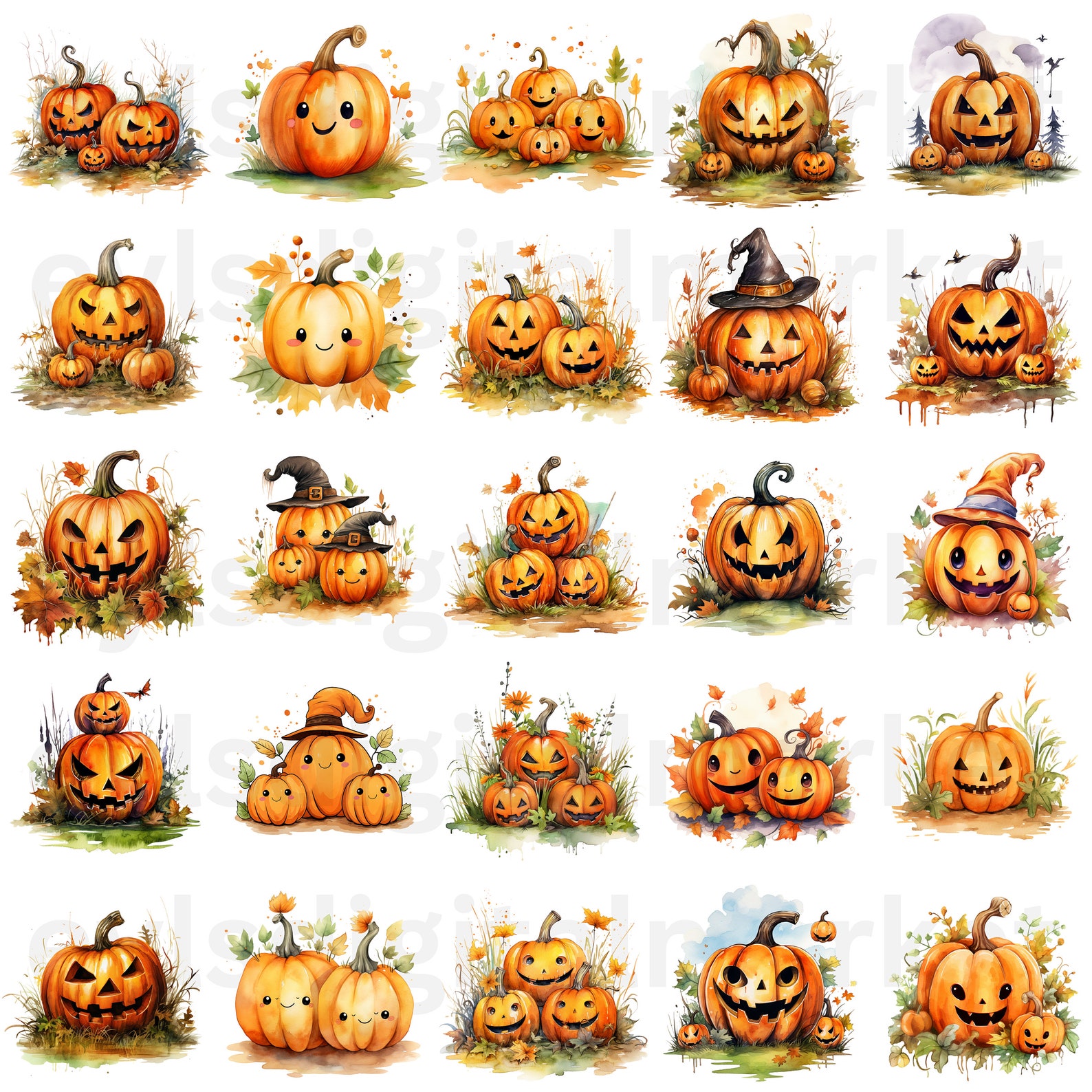 Watercolor Scary Halloween Pumpkin Clipart, 40 High Quality PNG Bundle ...