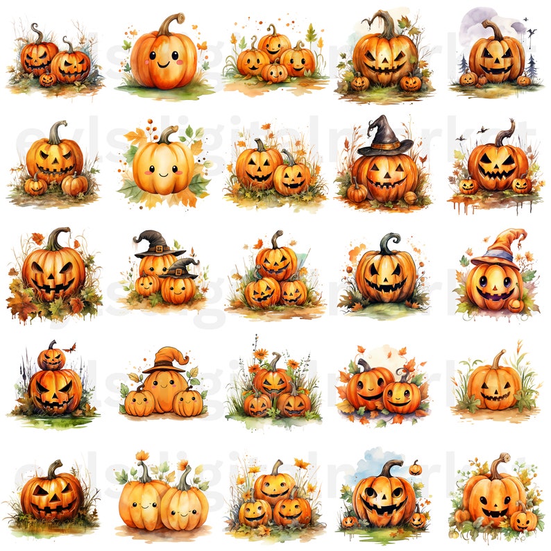 Watercolor Scary Halloween Pumpkin Clipart, 40 High Quality PNG Bundle ...