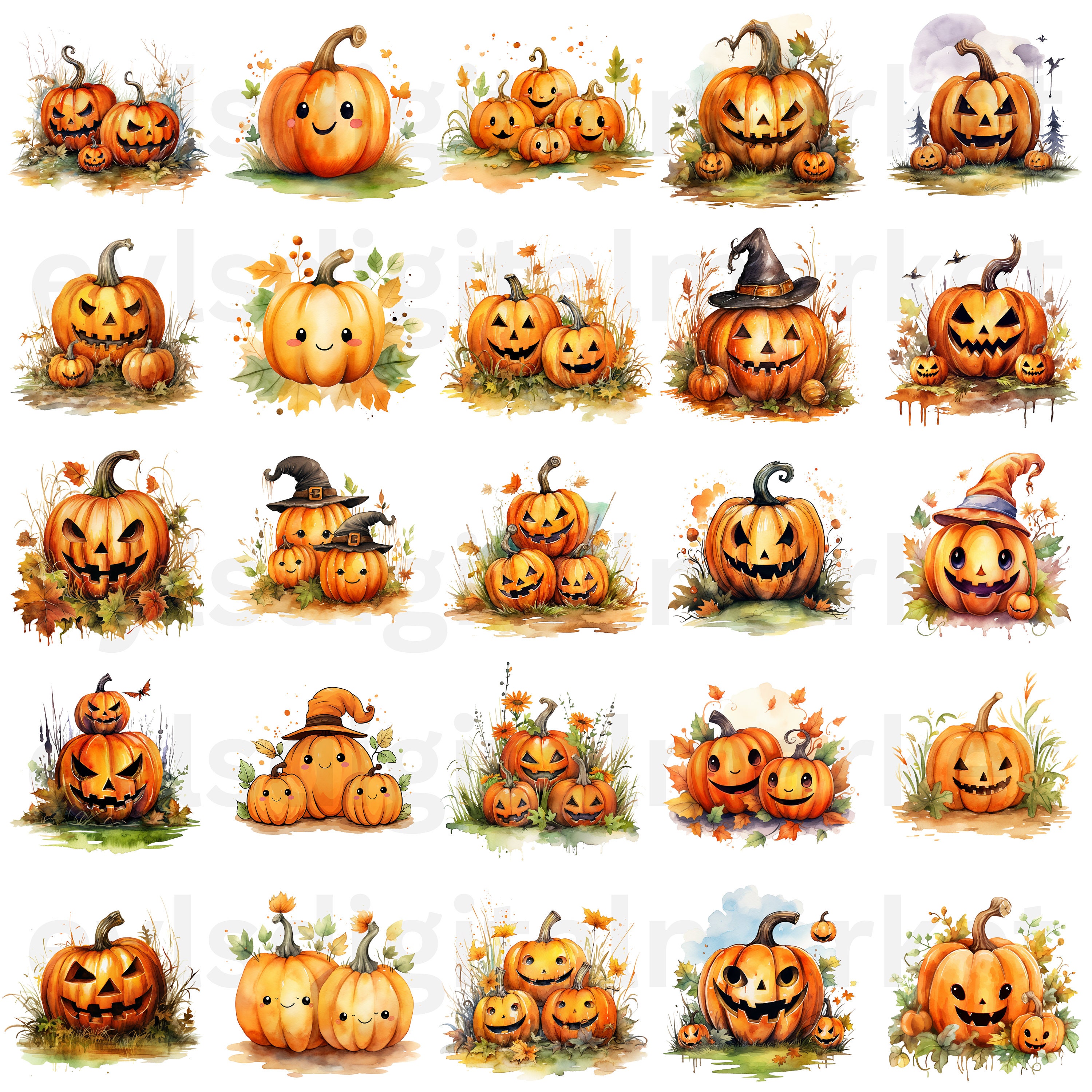 Watercolor Scary Halloween Pumpkin Clipart, 40 High Quality PNG Bundle ...
