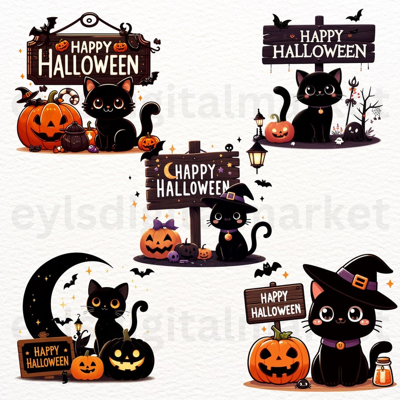 Happy Halloween Cat Clipart, 11 High Quality PNG Bundle, Spooky Vintage ...