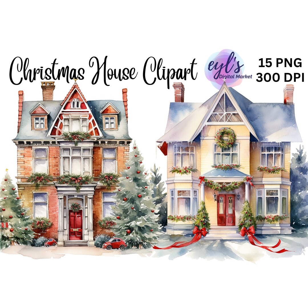 15 Watercolor Christmas House Clipart, Christmas Village PNG, Winter ...