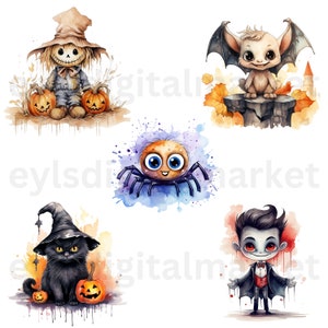 35 Watercolor Halloween Cute Cartoon Characters Clipart, Witch Ghost ...