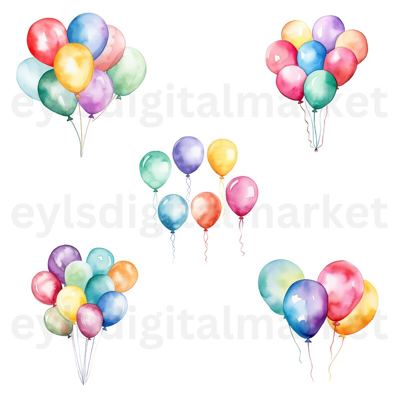 10 Watercolor Balloons Clipart, Party Birthday PNG, Colorful Clip Art ...