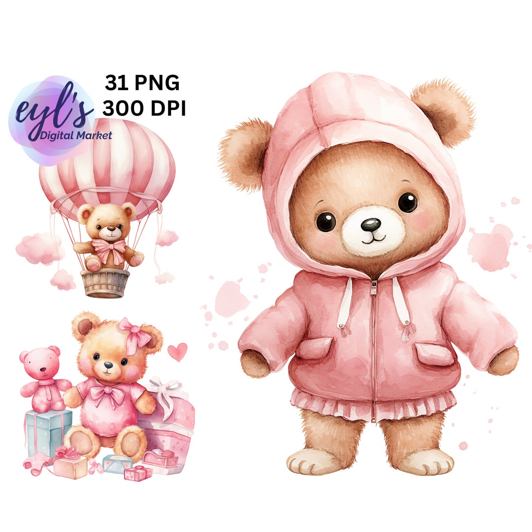 Watercolor Cute Pink Teddy Bear Clipart, 31 High Quality PNG Bundle ...