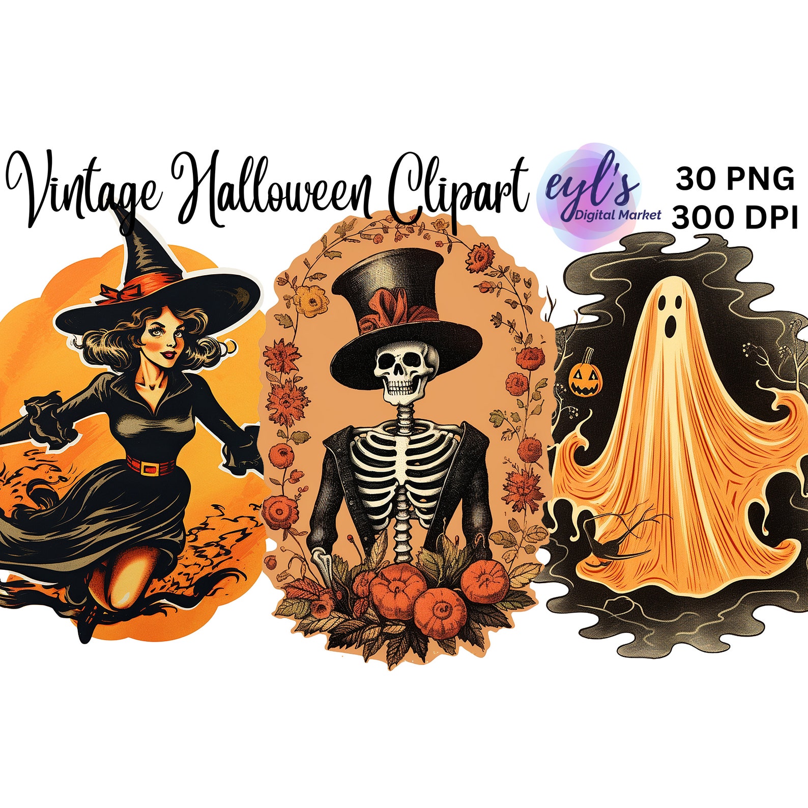 30 Vintage Halloween Clipart, 50s PNG Bundle, Witch Ghost Pumpkin Retro ...
