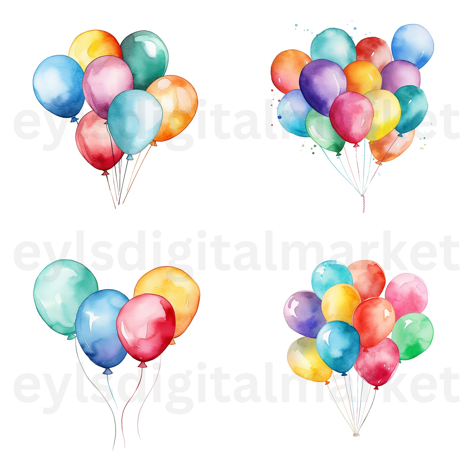 10 Watercolor Balloons Clipart, Party Birthday PNG, Colorful Clip Art ...
