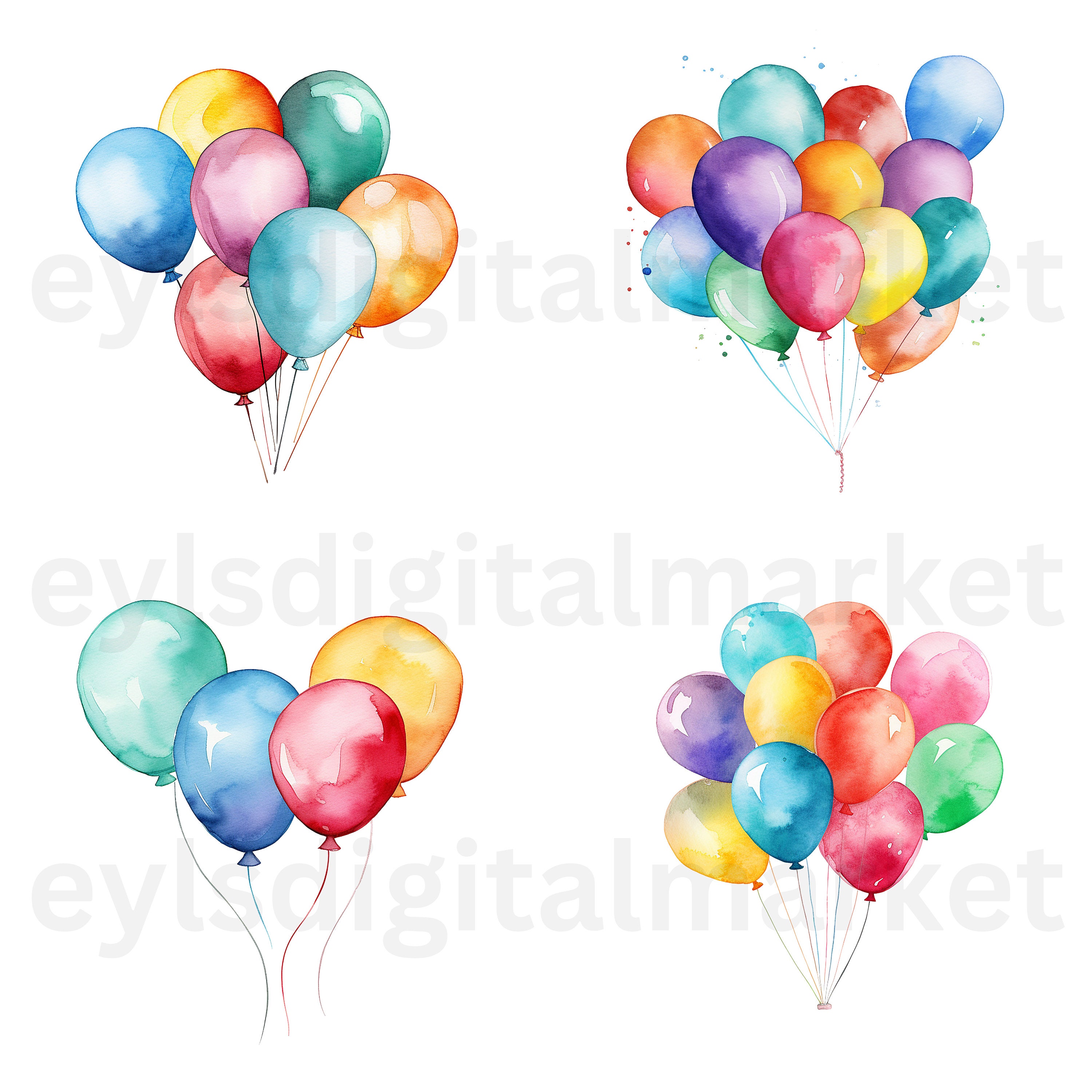 10 Watercolor Balloons Clipart, Party Birthday PNG, Colorful Clip Art ...