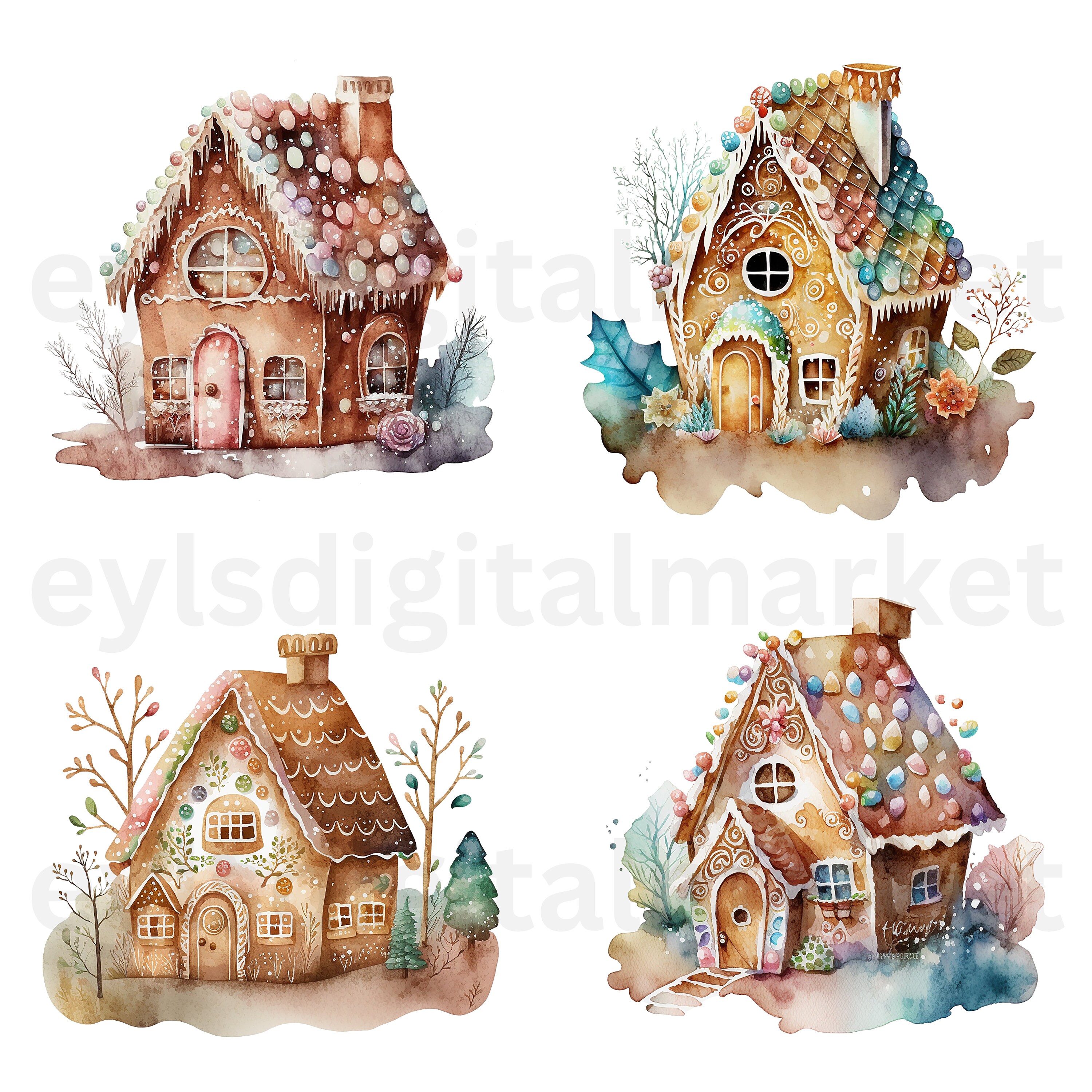 15 Watercolor Gingerbread House Clipart, Christmas Clipart, Winter ...