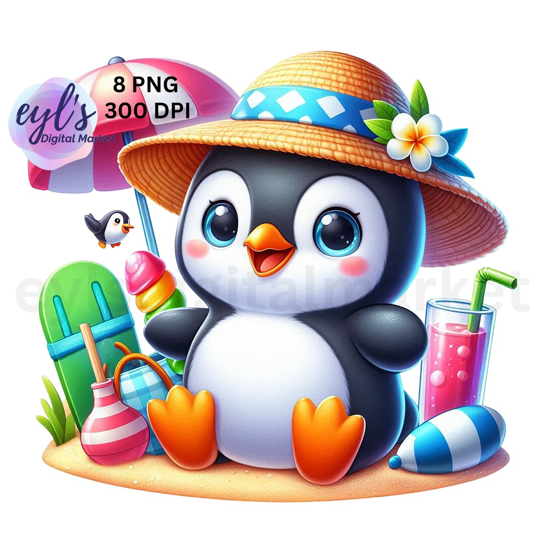 Penguin on Summer Vacation Clipart, 8 High Quality PNG Bundle, Funny ...