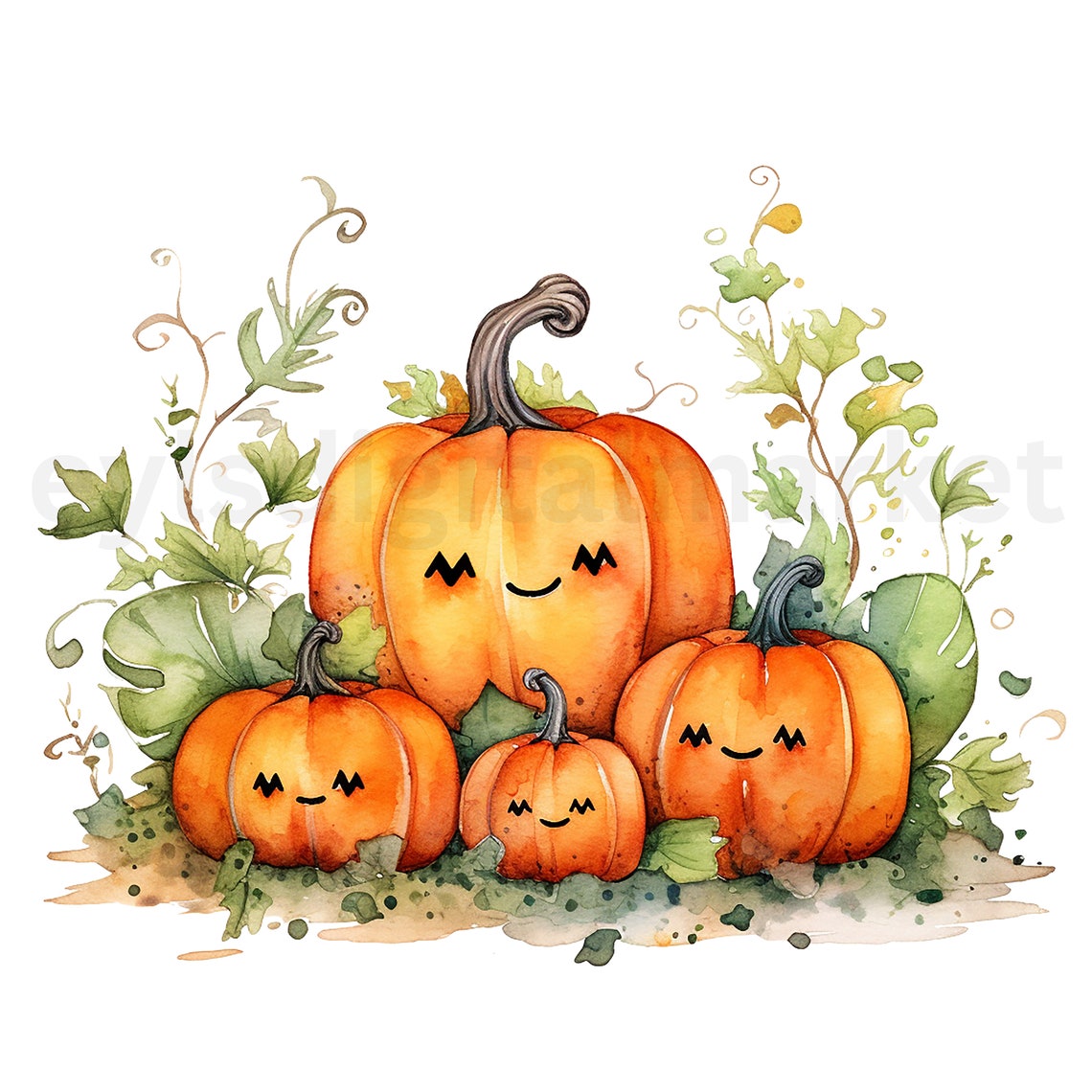 Watercolor Scary Halloween Pumpkin Clipart, 40 High Quality PNG Bundle ...