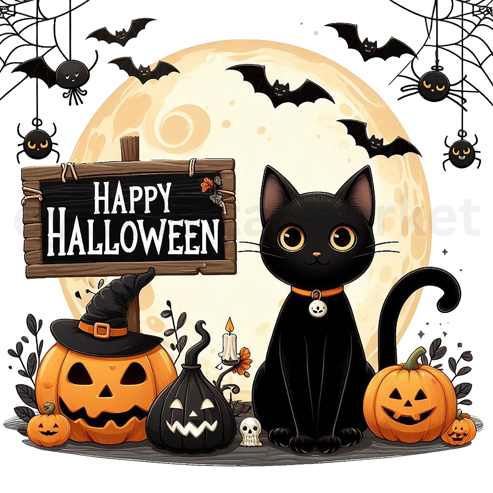 Happy Halloween Cat Clipart, 11 High Quality PNG Bundle, Spooky Vintage ...